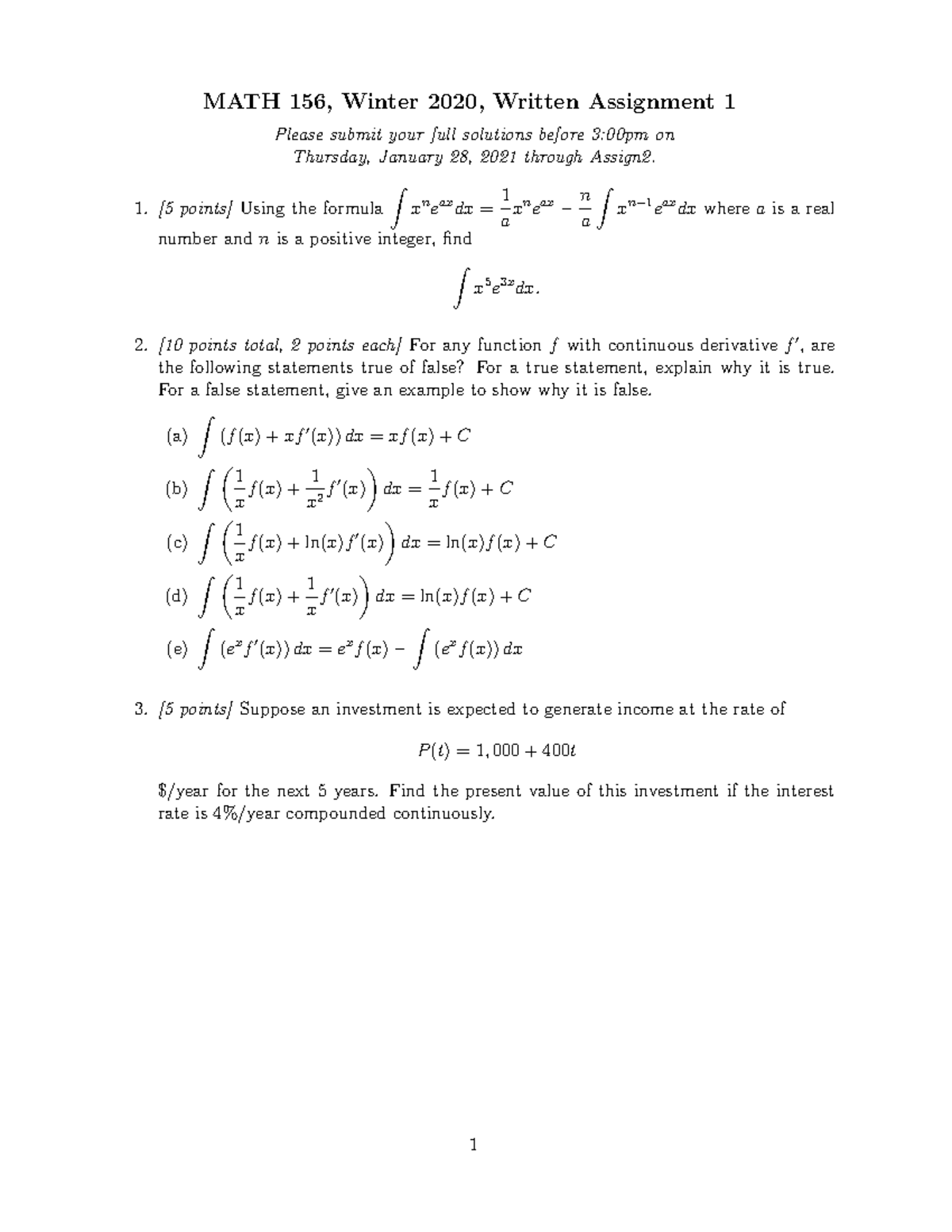 Assignment 1 - Very helpful - MATH 156, Winter 2020, Written Assignment ...