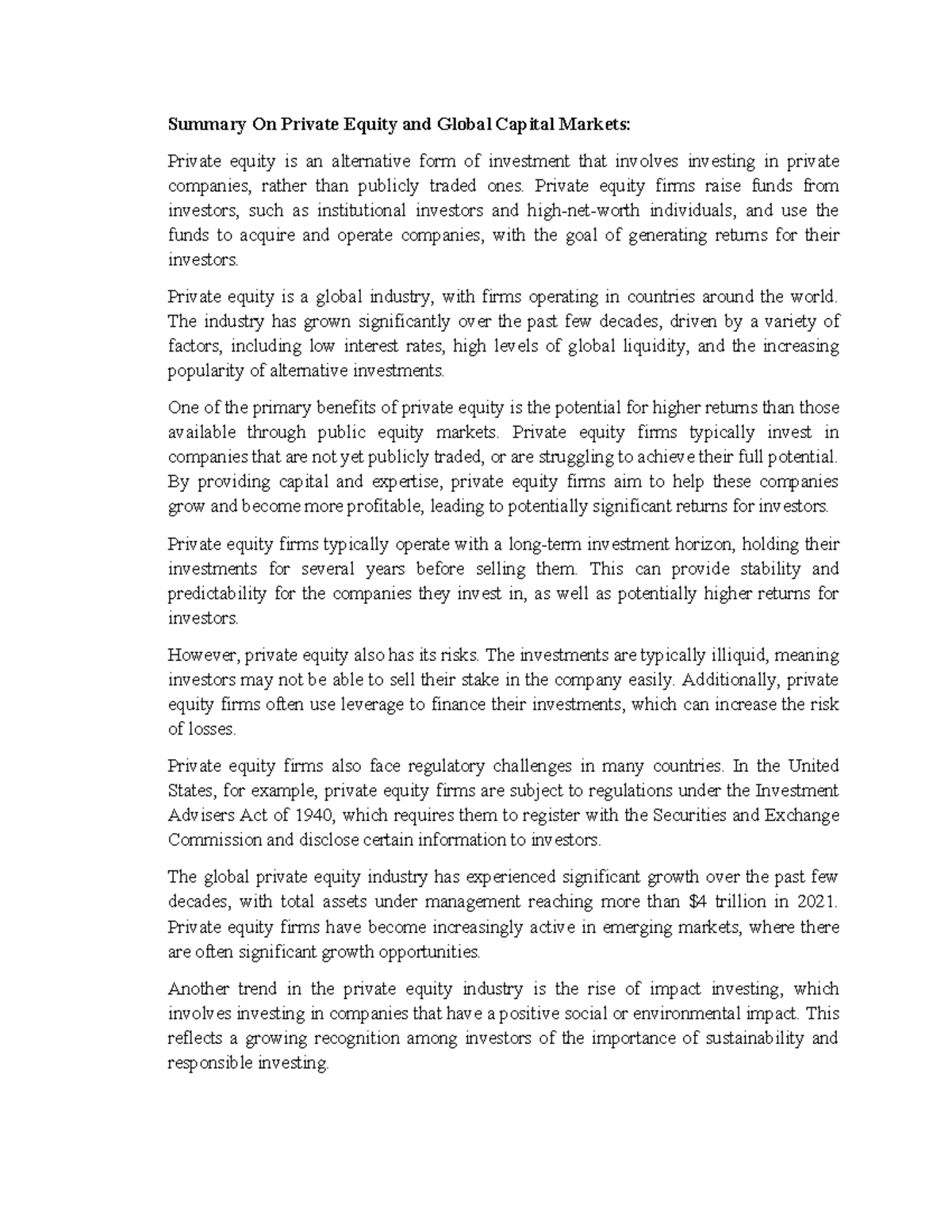 Summary On Private Equity and Global Capital Markets - Private equity ...