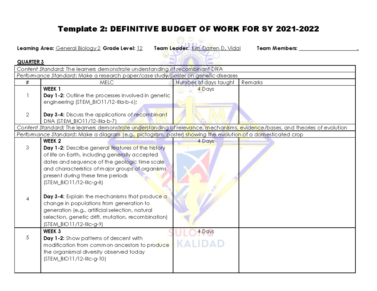 DBOW- Genbio-2 - DEFINITIVE BUDGET OF WORK - Template 2: DEFINITIVE ...