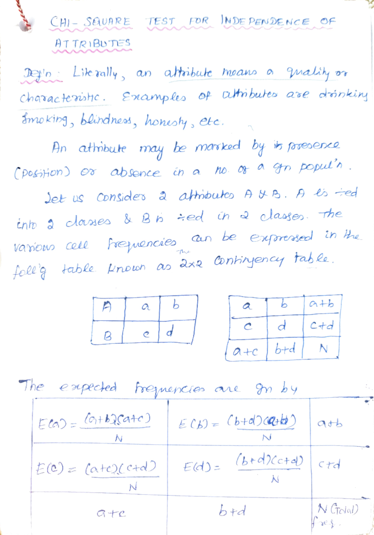 Chi square notes 2 - maths - CH)-SUARE TEST FOR NDE PENDE NCE OF ...