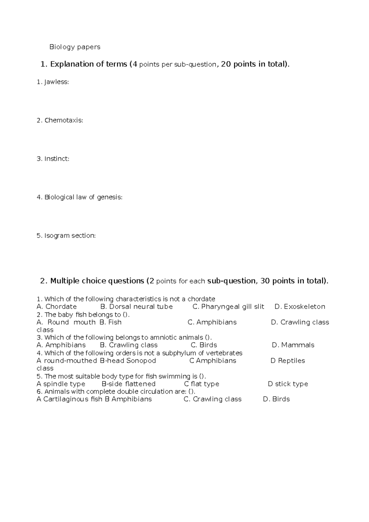 Biology papers - Explanation of terms (4 points per sub-question, 20 ...