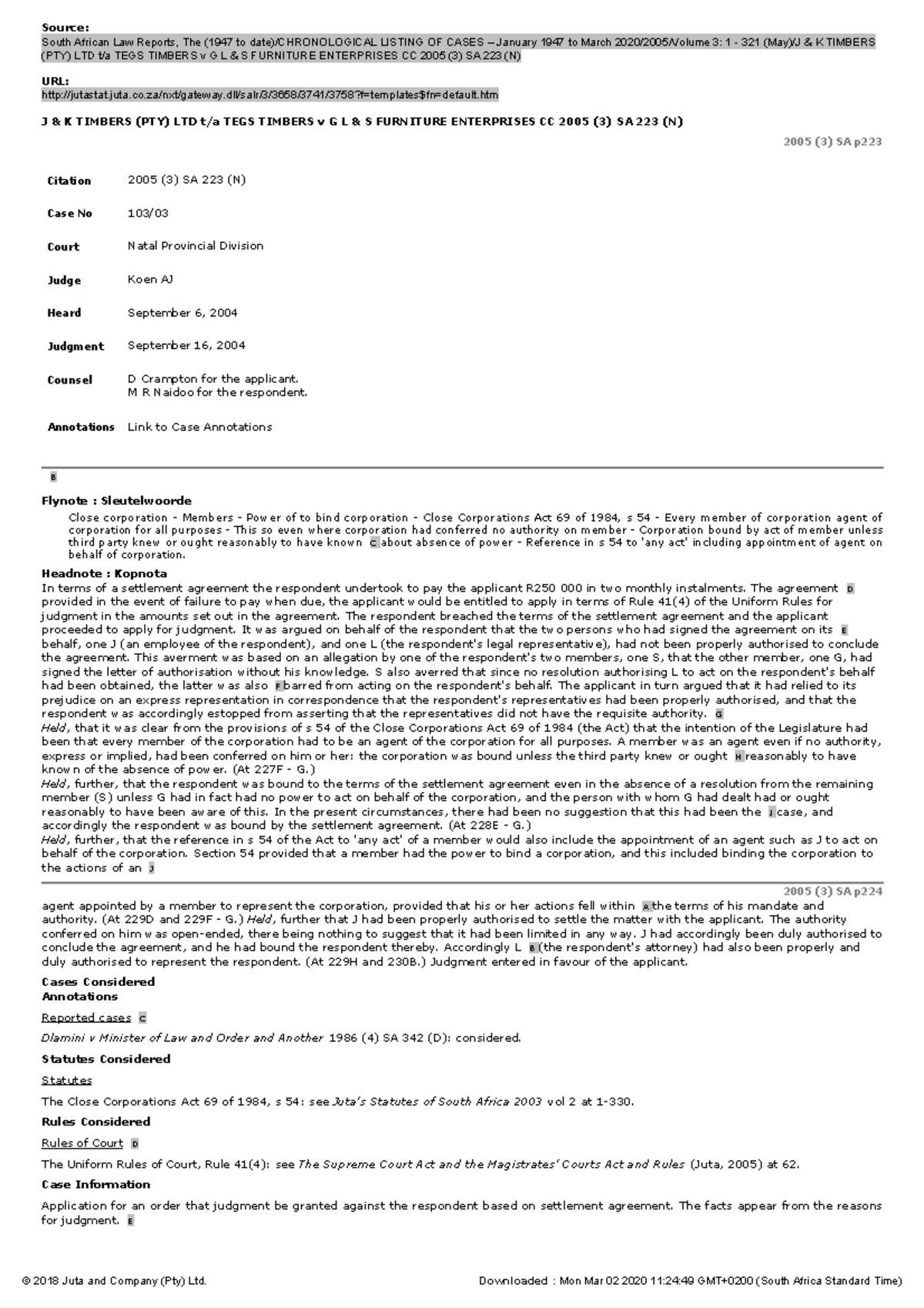 J & K Timbers (PTY) LTD t a TEGS Timbers v G L & S Furniture ...