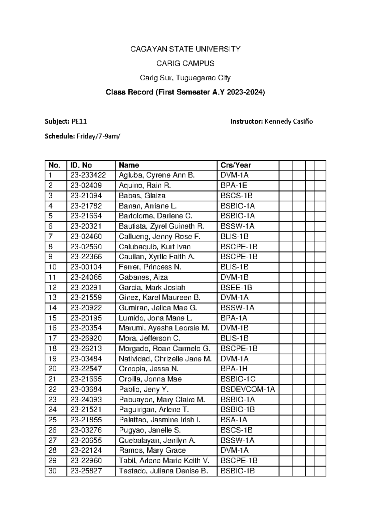 PE LIST - CAGAYAN STATE UNIVERSITY CARIG CAMPUS Carig Sur, Tuguegarao ...
