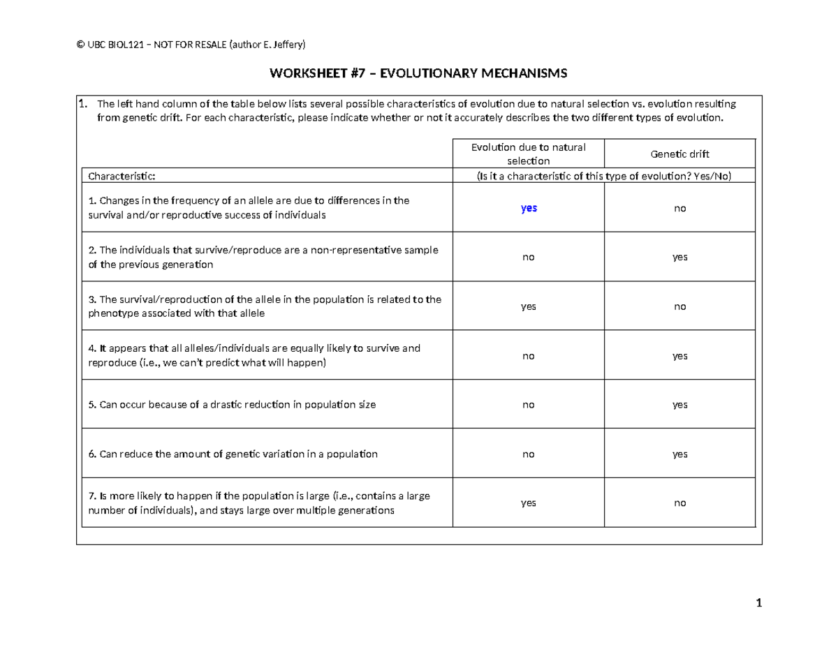 Worksheet #7 - Evolutionary Mechanisms - Natural Selection and Genetic ...