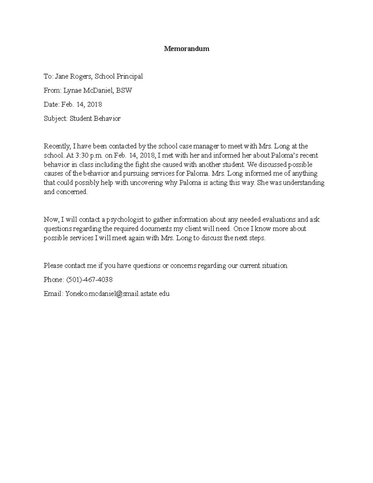 Professional Writing Assignment - Memorandum To: Jane Rogers, School ...