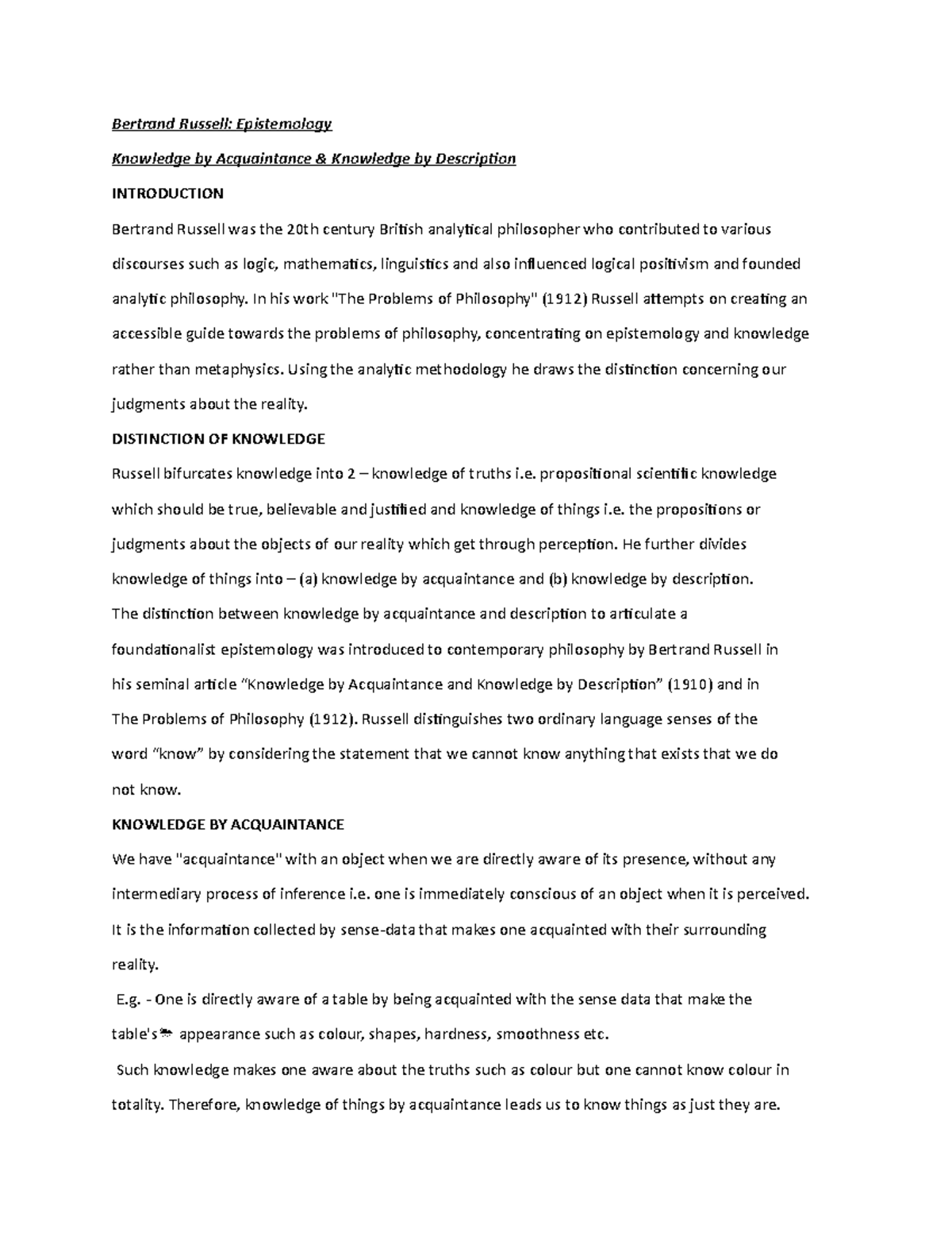 Russell Epistemology (knowledge) - Bertrand Russell: Epistemology ...