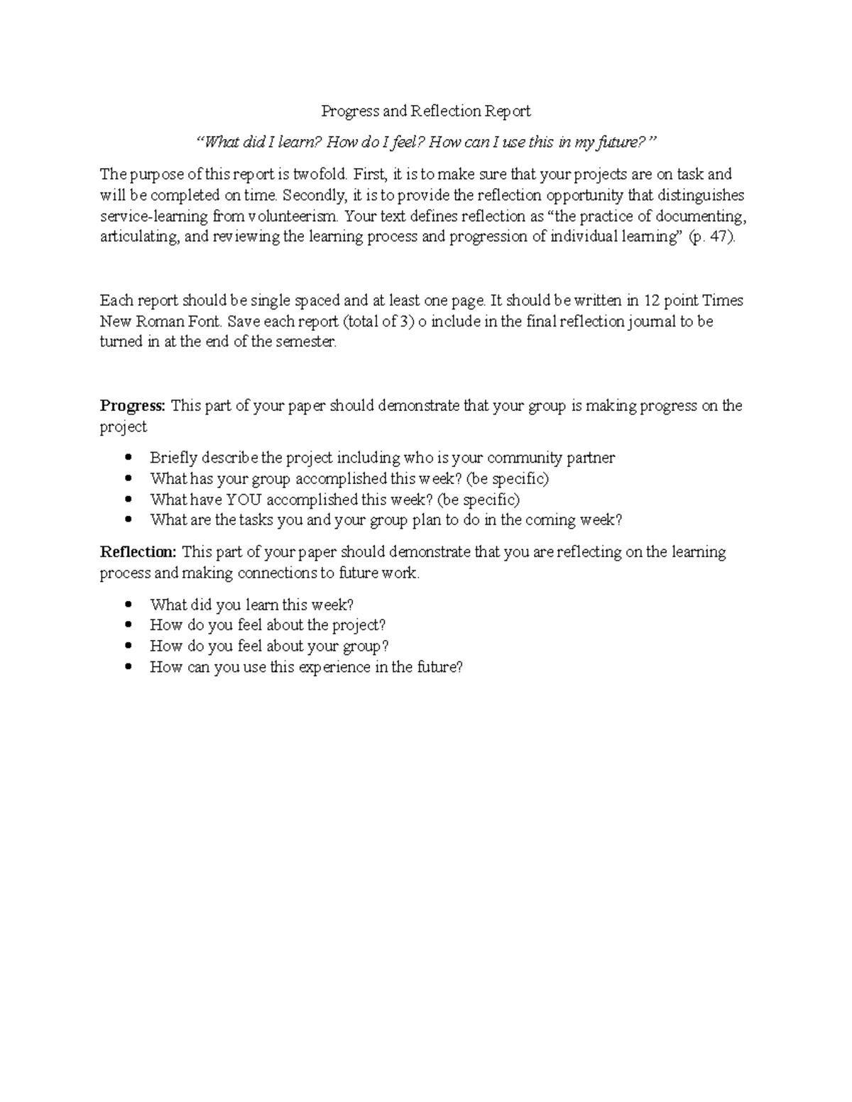 Progress and Reflection Report Exercise - Progress and Reflection ...