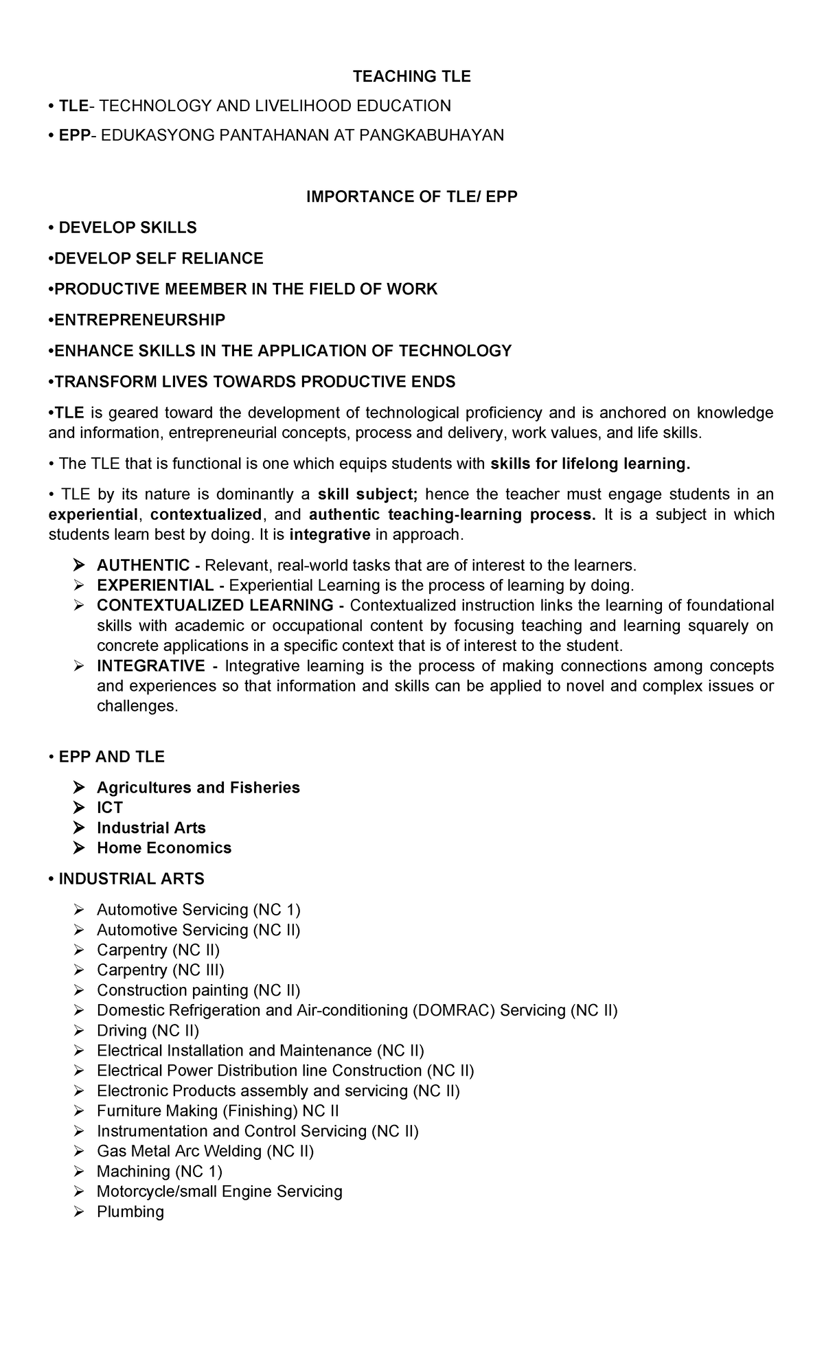 TLEReviewer - Study notes in TLE - TEACHING TLE • TLE- TECHNOLOGY AND ...