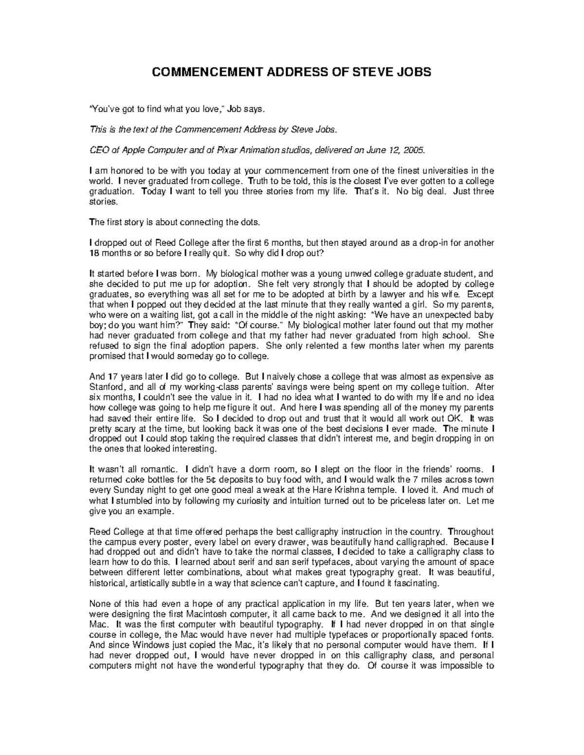 Commencement Address of Steve Jobs at Stanford June 2005 Assign 1 ...