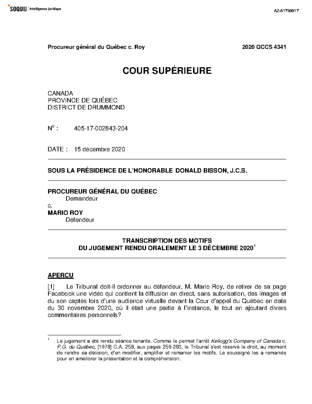 Procureur général du Québec c. Roy - Roy 2020 QCCS 4341 COUR SUPÉRIEURE ...