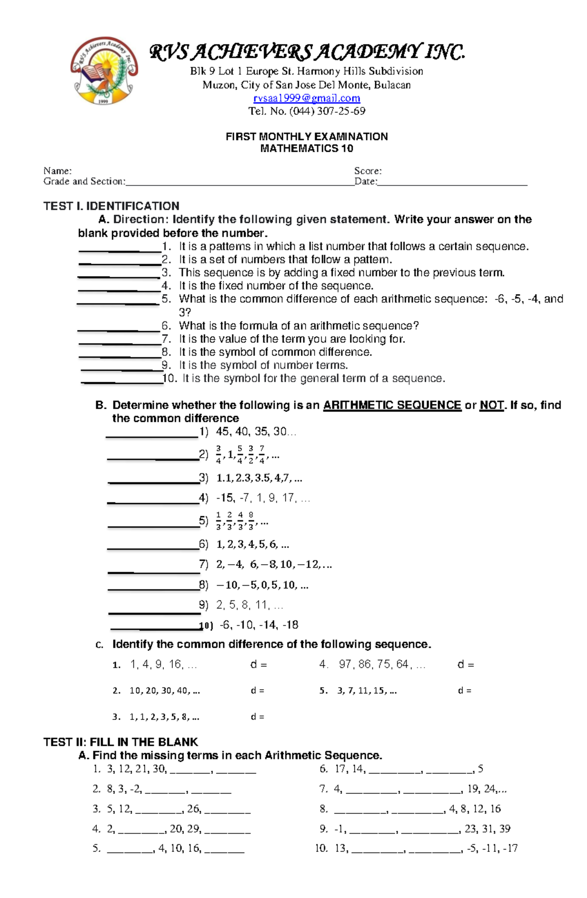Grade -10 Math First Monthly Examination - RVS ACHIEVERS ACADEMY INC ...