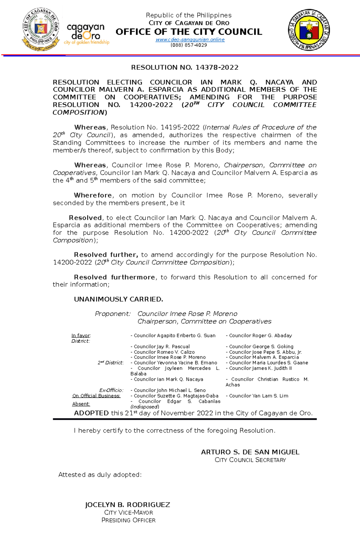 R14378-2022 (electing new members of the Committee on Cooperatives ...