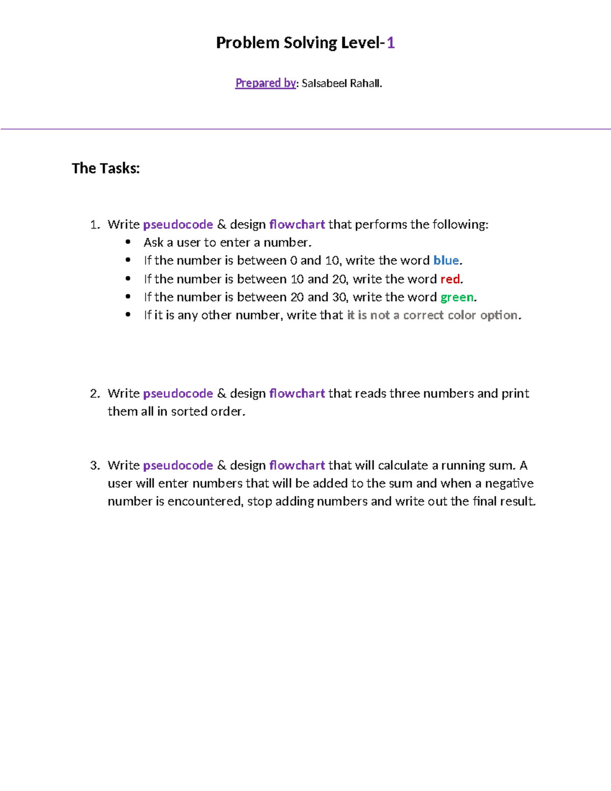 Flowchart - Flowchat - The Tasks: 1. Write pseudocode & design ...