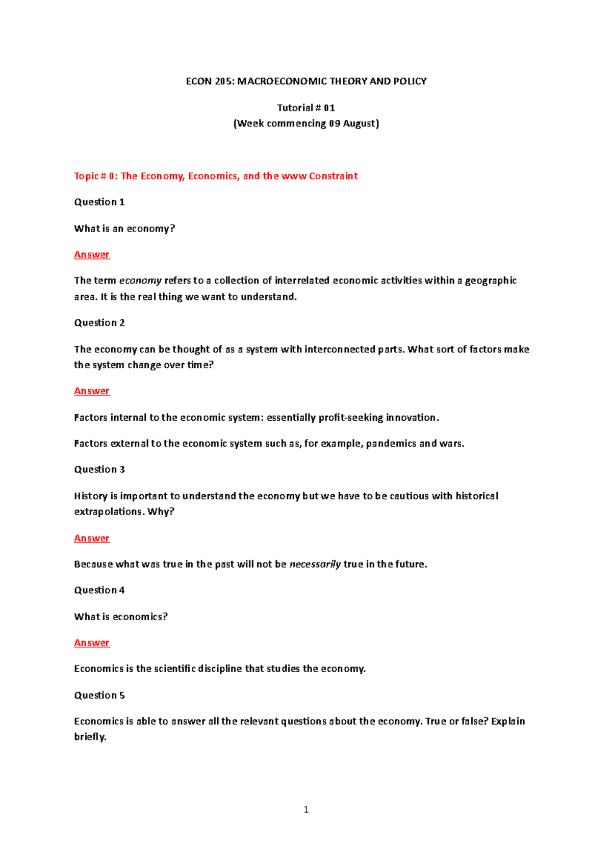205, Tute # 01 (Answers) - ECON 205: MACROECONOMIC THEORY AND POLICY ...