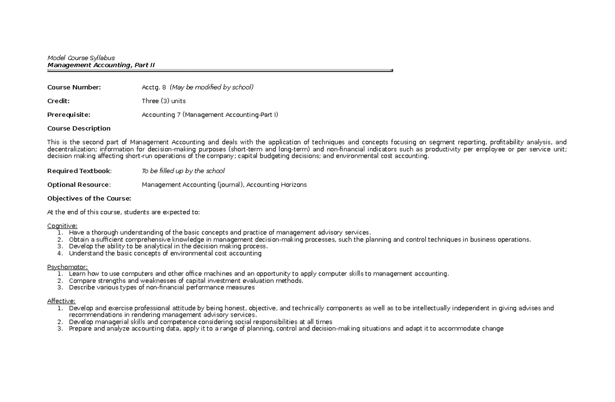Acctg 8 Management Accounting, Part II - Model Course Syllabus ...