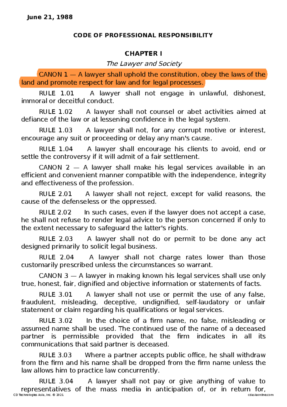 ' (CPR) Code of Professional Responsibility - June 21, 1988 CODE OF ...
