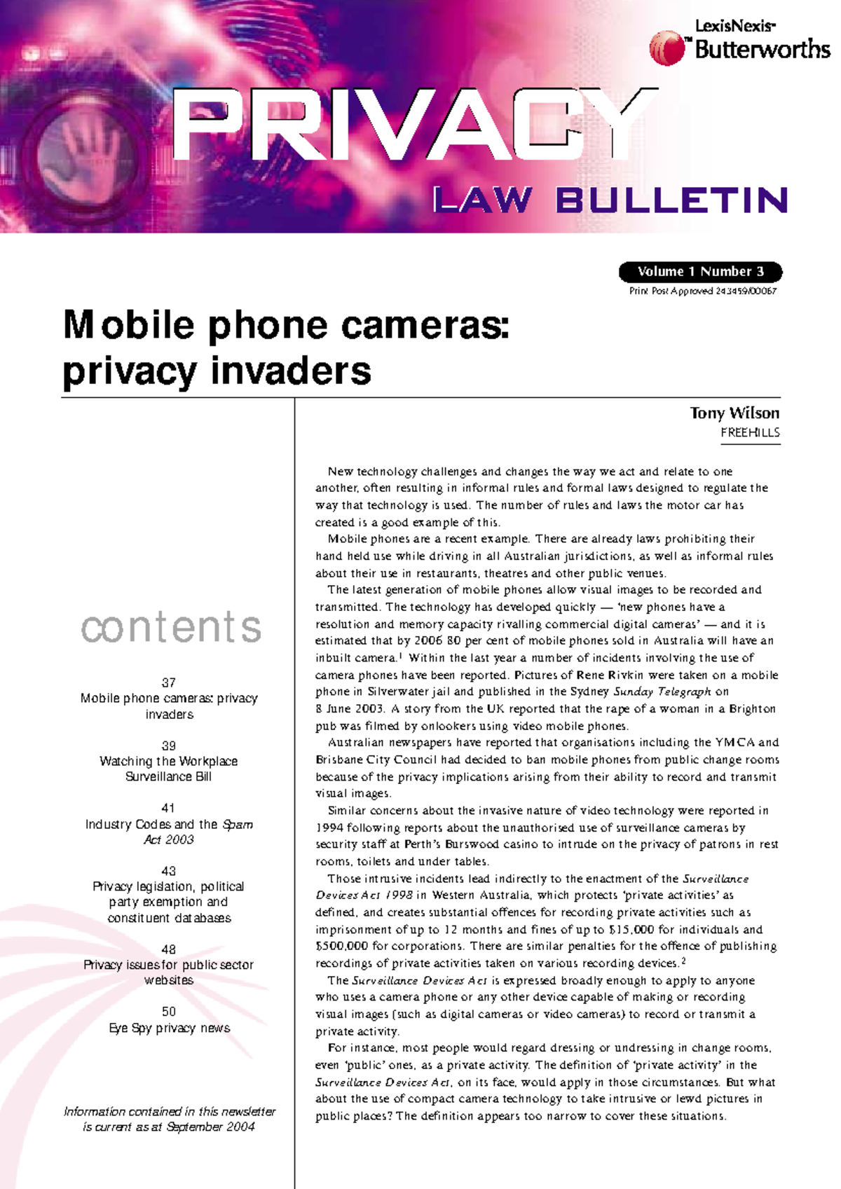Mobile phone cameras privacy invaders — (2004 ) 1(3) Privlb 37 - cont ...