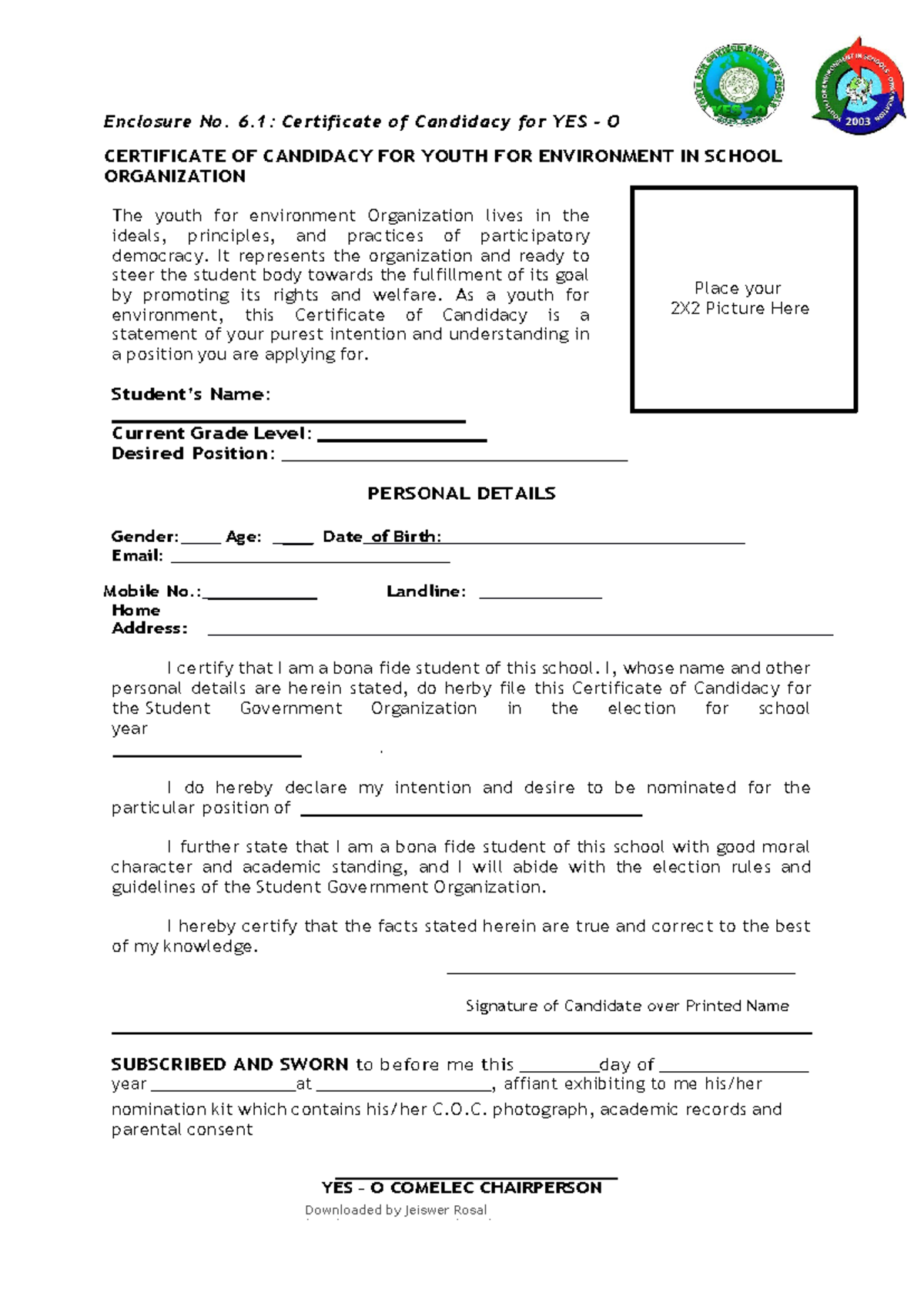 Certificate of candidacy for yes o - Downloaded by Jeiswer Rosal ...