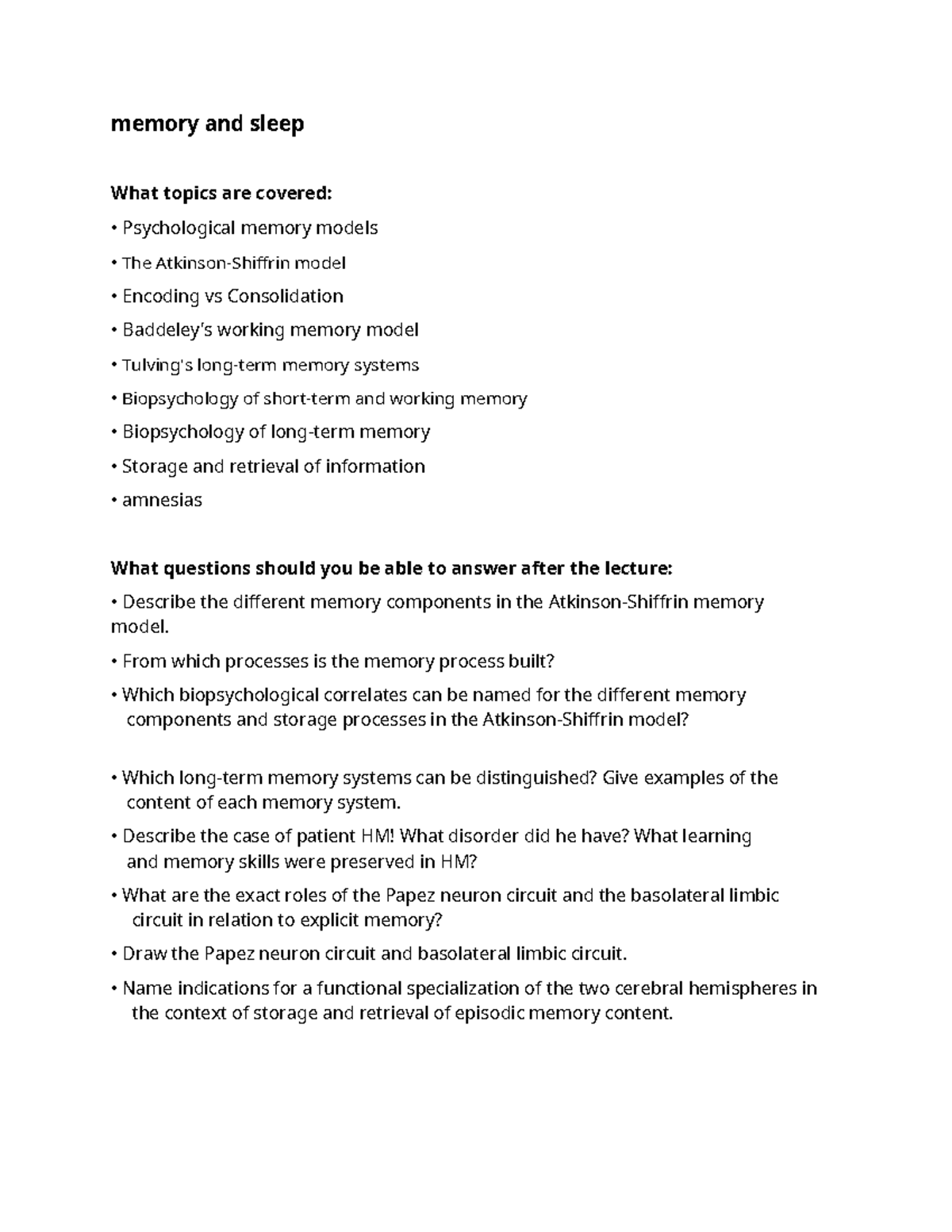 Study guide 12: Human memory - memory and sleep What topics are covered ...