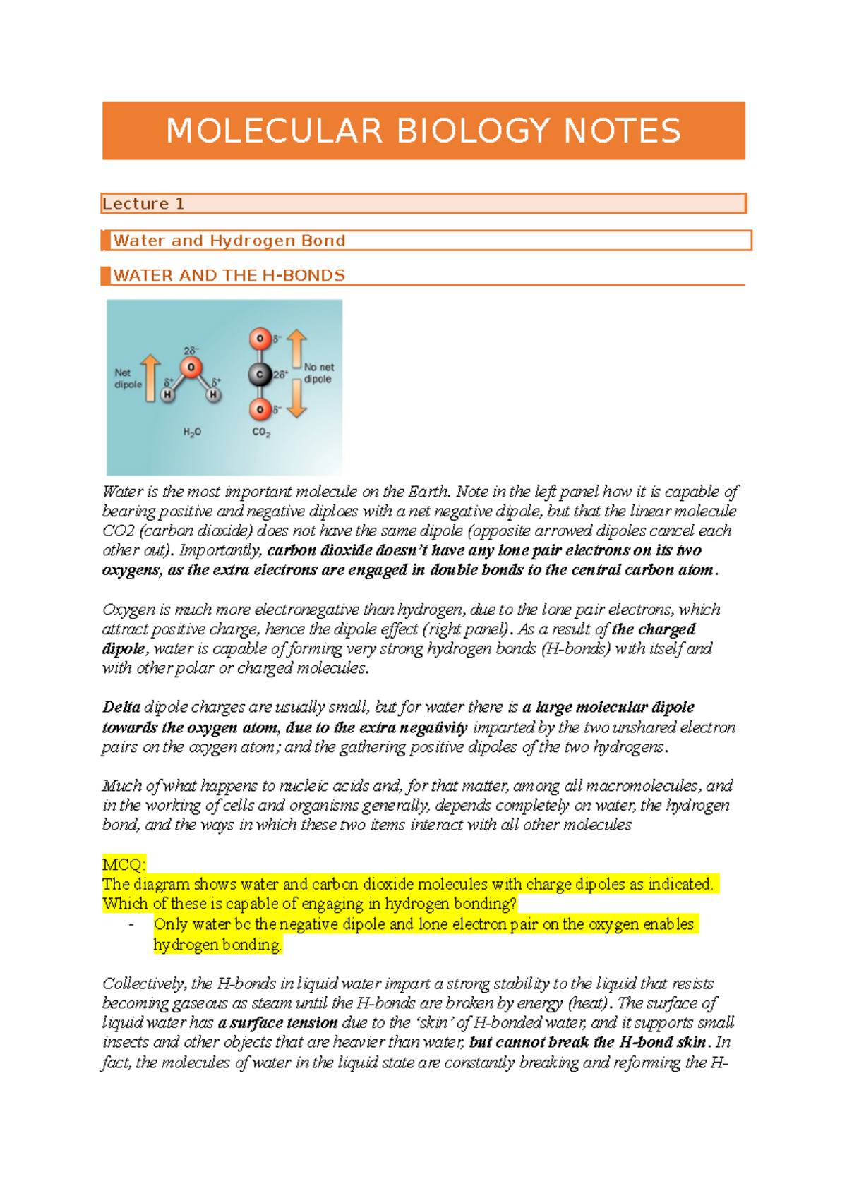 Molecular Biology Notes - MOLECULAR BIOLOGY NOTES Lecture 1 Water and ...