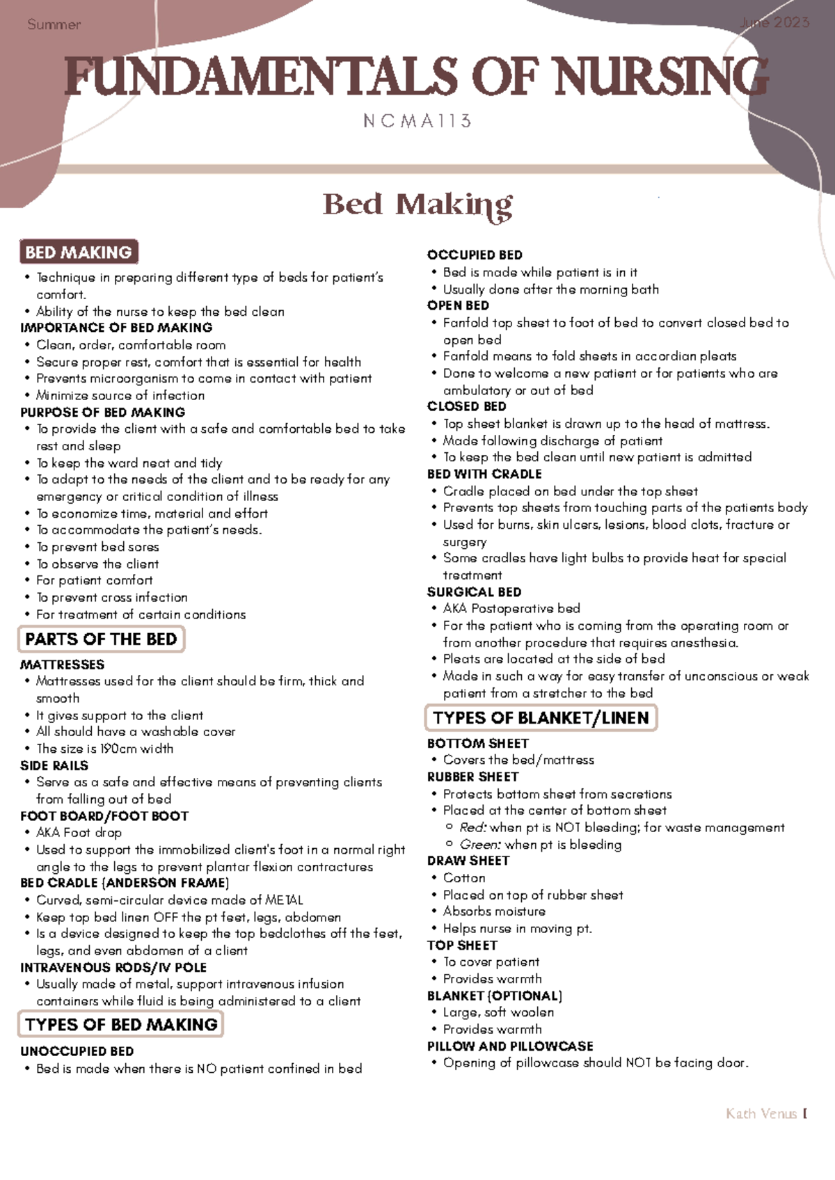 3.01 - BED Making - notes - • Technique in preparing different type of ...