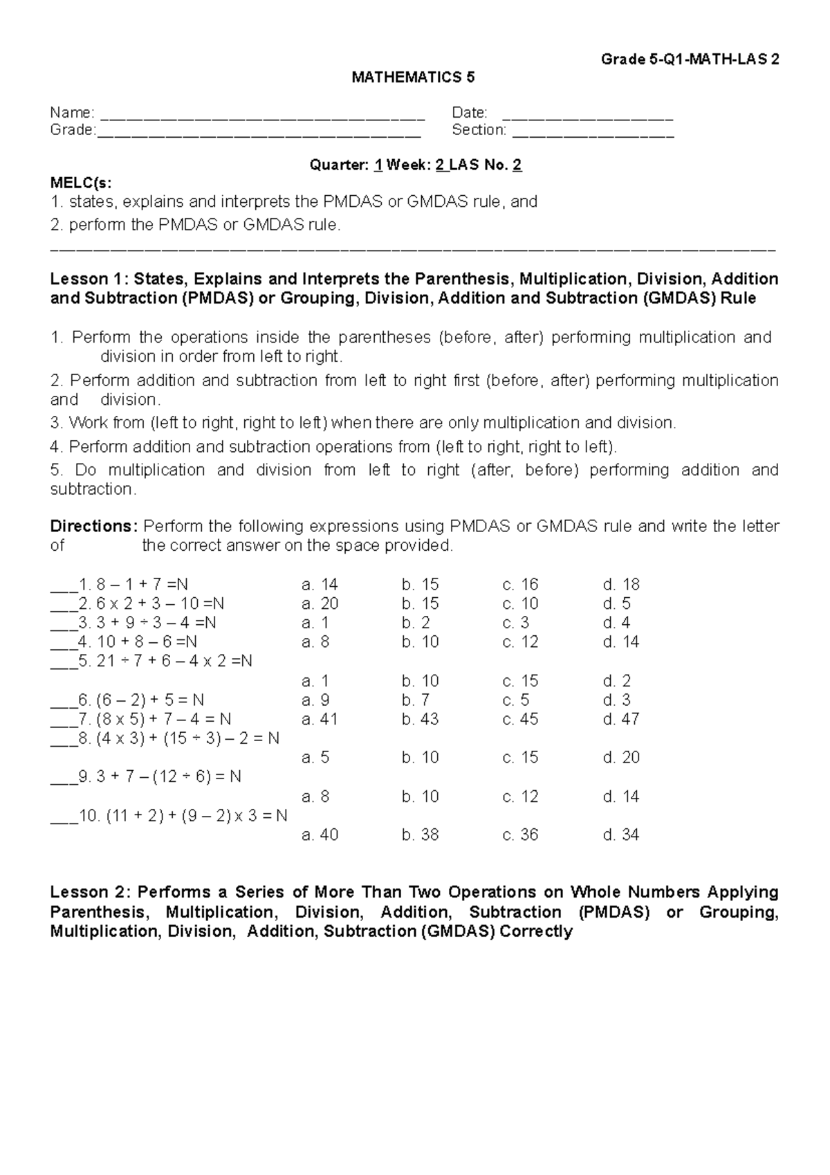 Grade 5 Q1 MATH LAS Week 2 - Grade 5-Q1-MATH-LAS 2 MATHEMATICS 5 Name ...