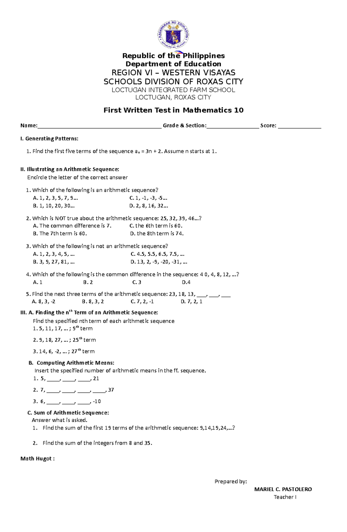 1ST Summative MATH 10 - Republic of the Philippines Department of ...