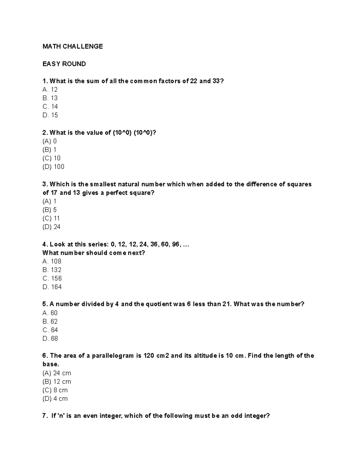 MATH- Challenge - MATH CHALLENGE EASY ROUND What is the sum of all the ...