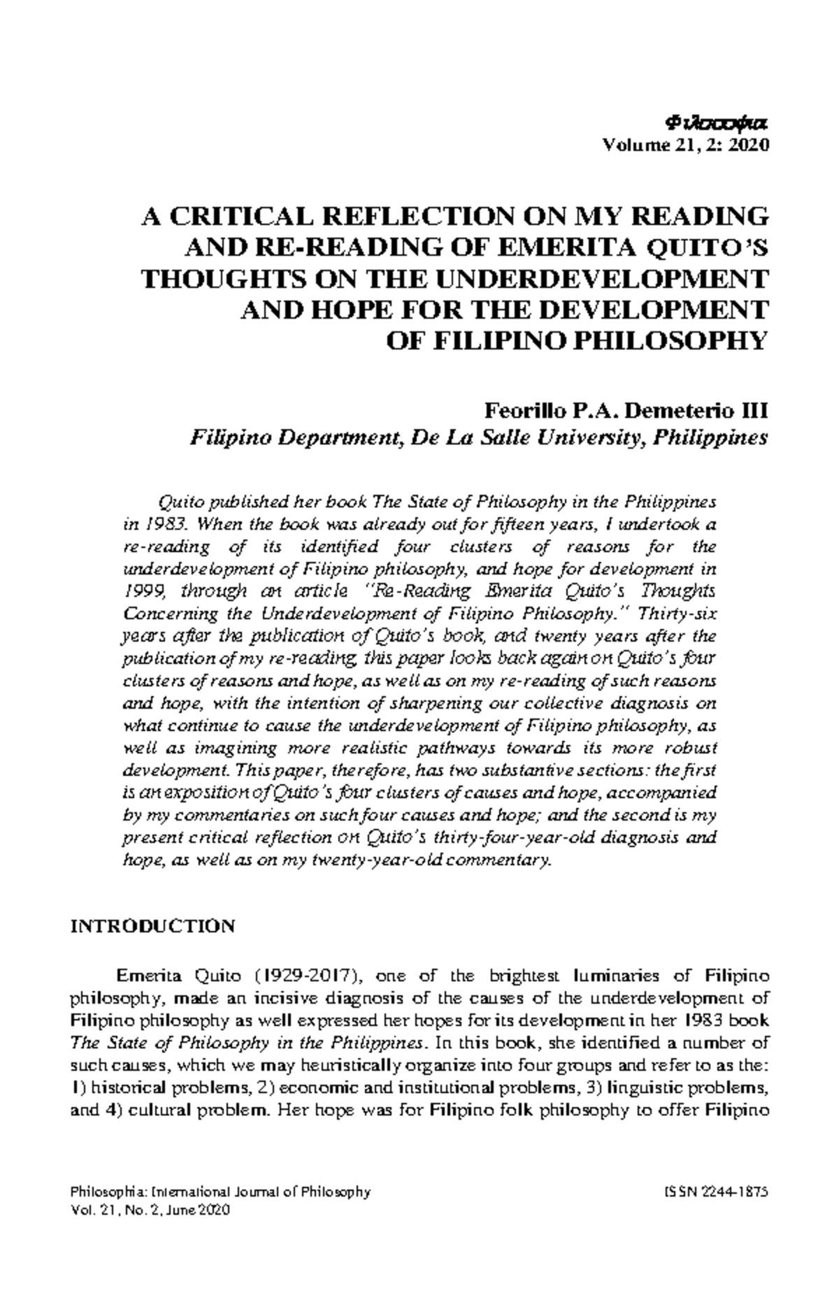 Demeterio Critical Reflection on Re-Reading Quito - Copy - Philosophia ...