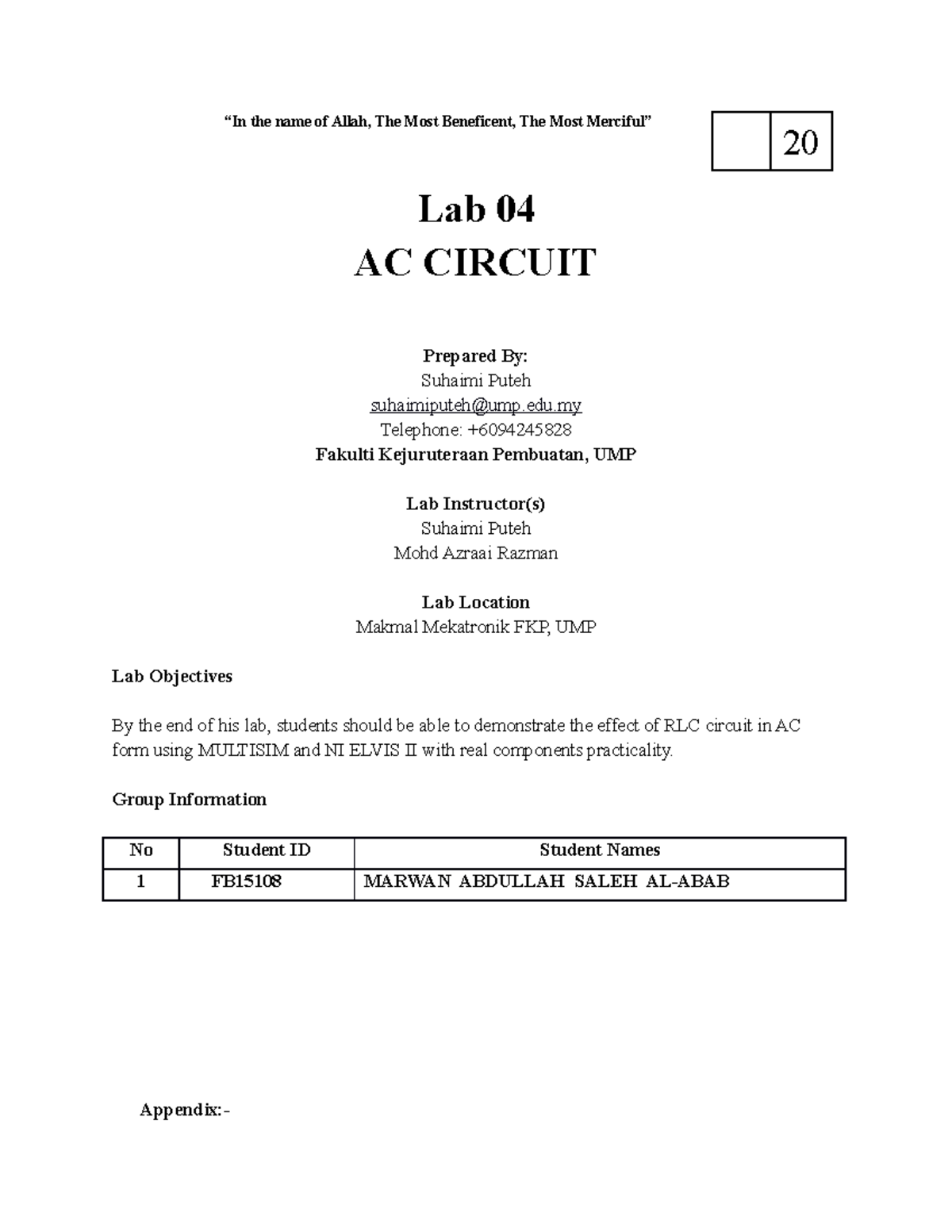Lab report - “In the name of Allah, The Most Beneficent, The Most ...