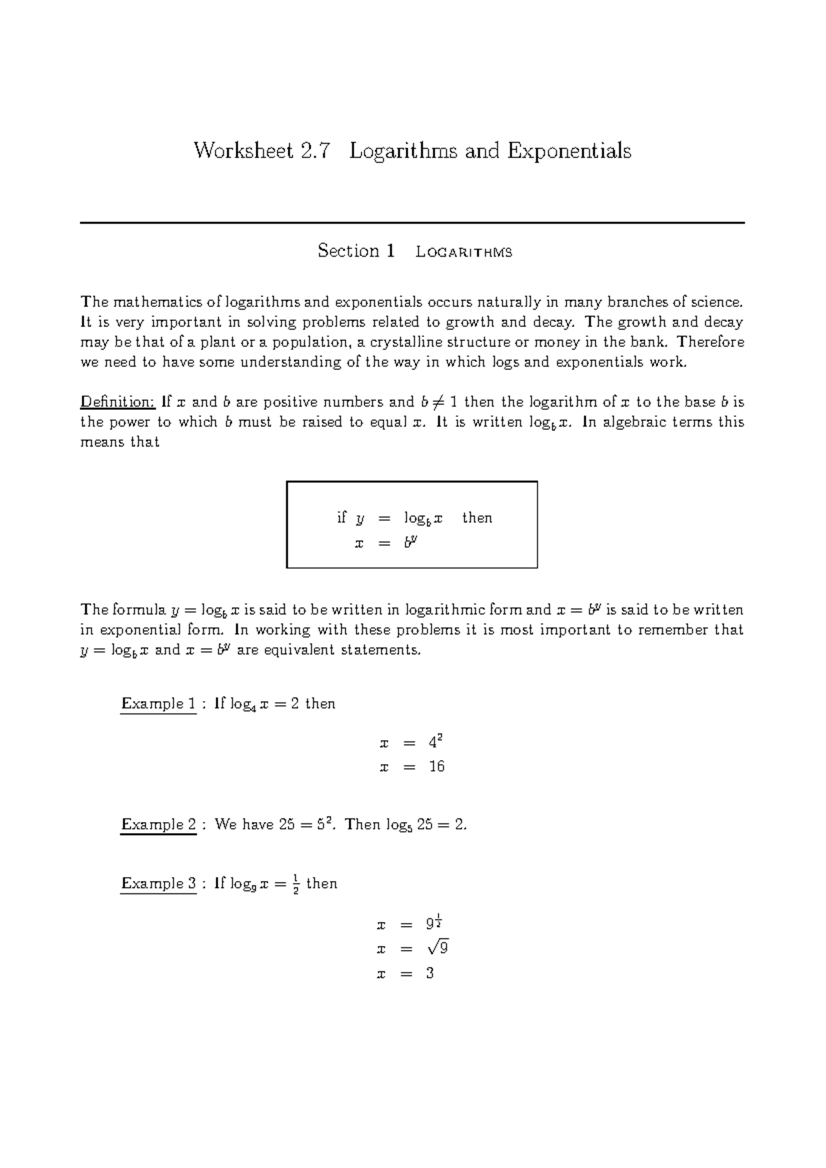 Logarithmic Functions - Worksheet 2. 7 Logarithms and Exponentials ...