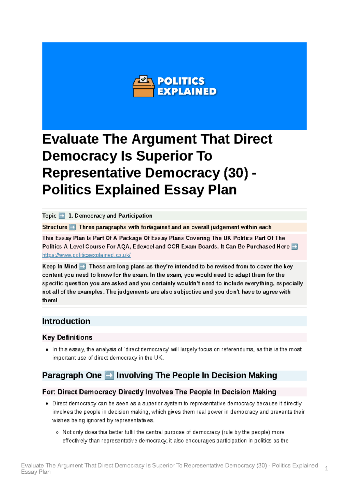 Evaluate The Argument That Direct Democracy Is Superior To Representative Democracy (30 ...