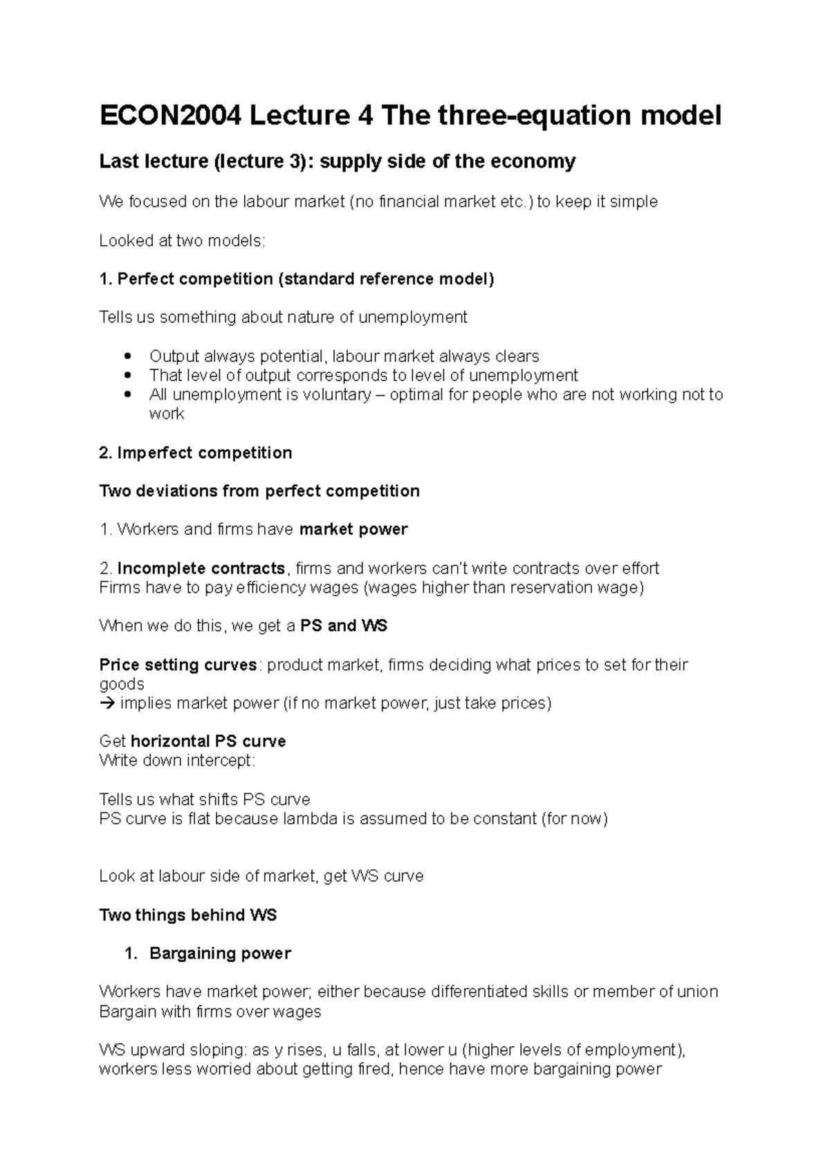 ECON2004 Term 1 Lecture 4 Notes - ECON2004 Lecture 4 The three-equation ...
