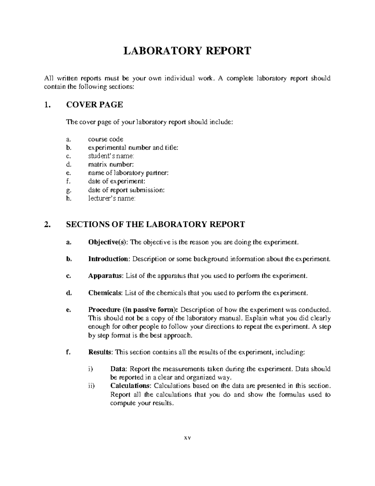 Lab Report Format - NOTHING - xv LABORATORY REPORT All written reports ...