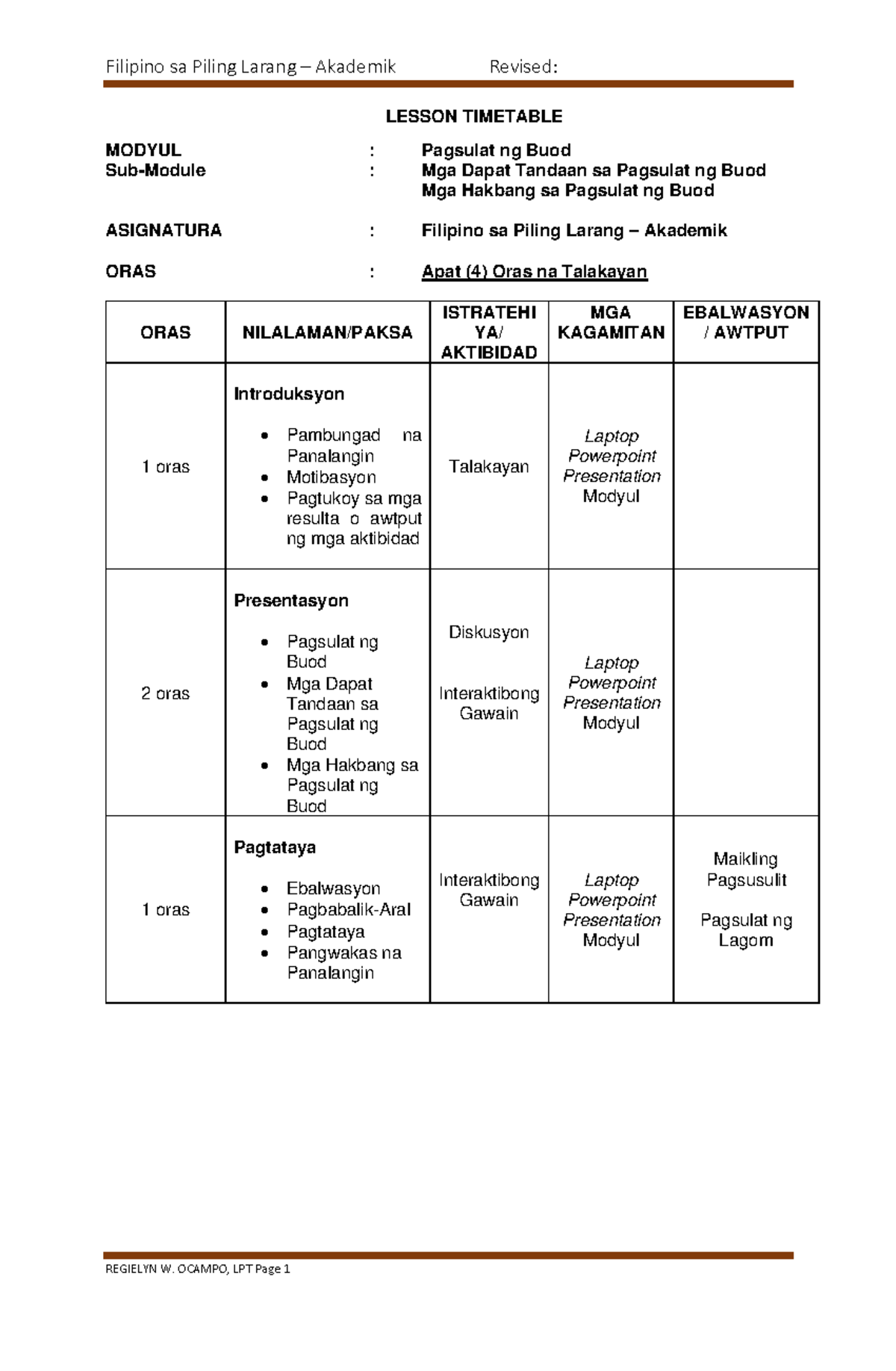 5 6219937712120529698 - LESSON TIMETABLE MODYUL : Pagsulat ng Buod Sub ...