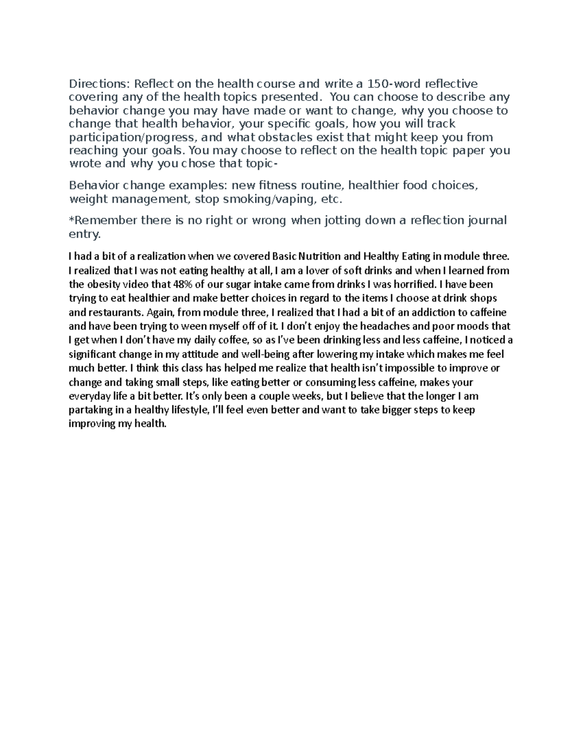 Health-100 Course Reflection - Directions: Reflect on the health course ...
