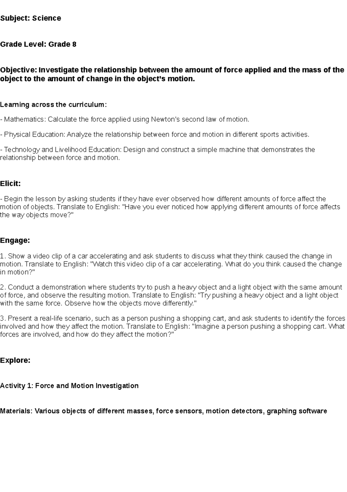 Lesson plan - Subject: Science Grade Level: Grade 8 Objective ...