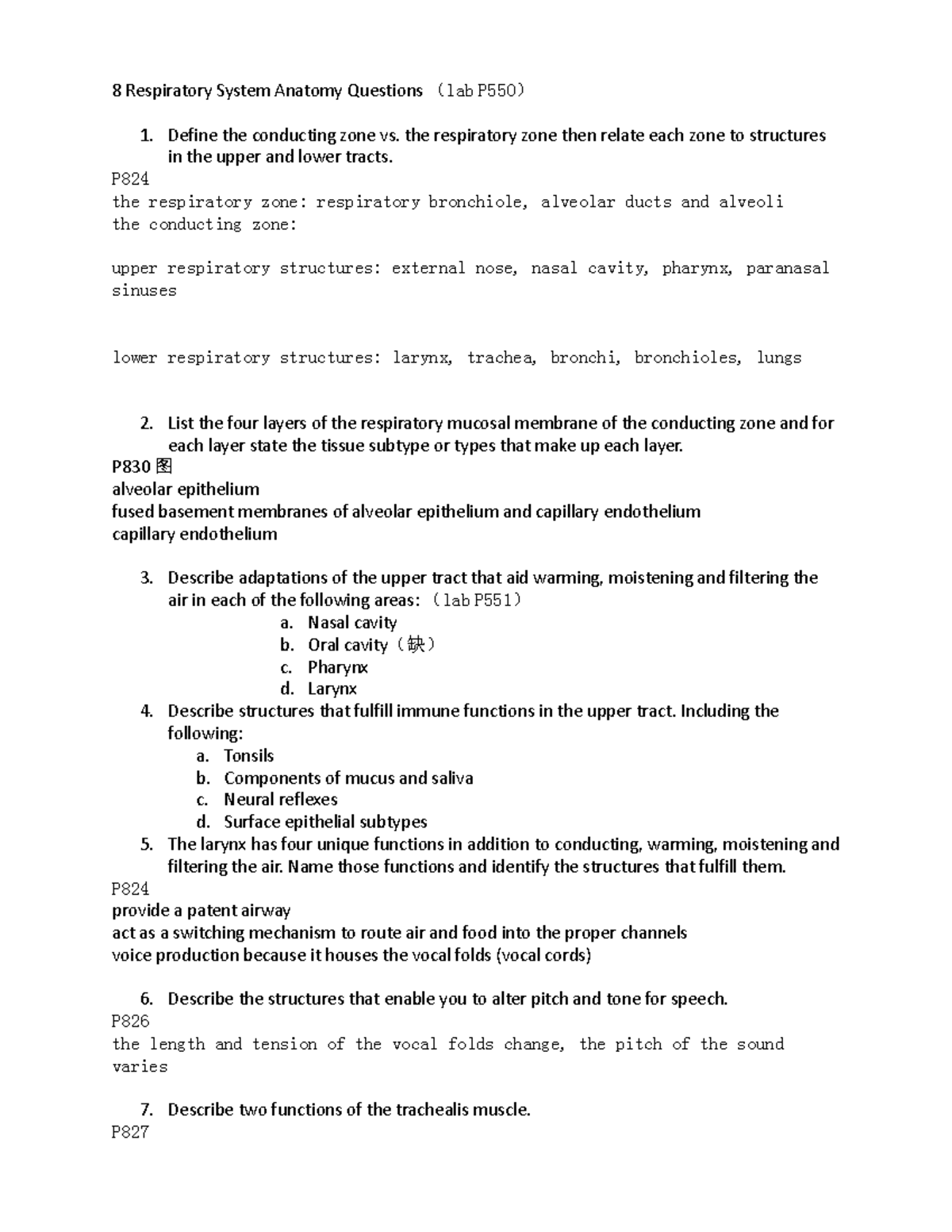 lecture 8 Respiratory System Anatomy Questions - 8 Respiratory System ...