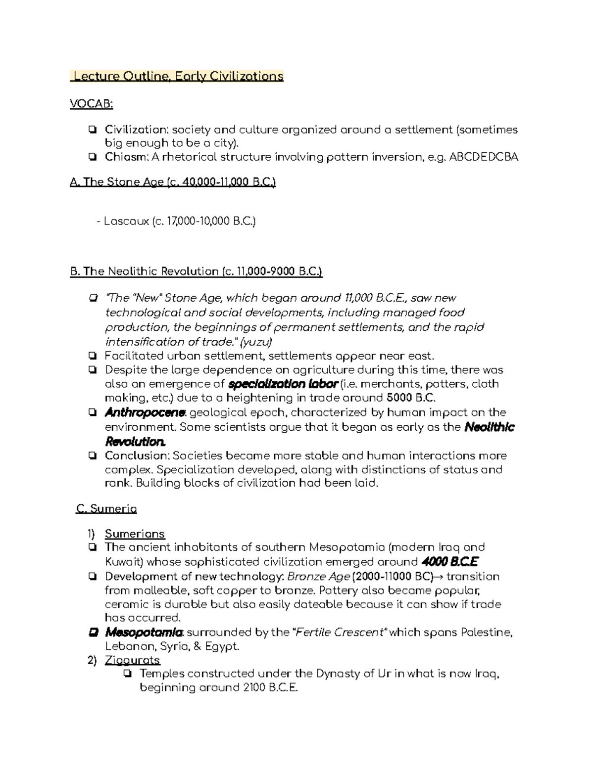 HIST Test Prep Notes - Lecture Outline, Early Civilizations VOCAB ...