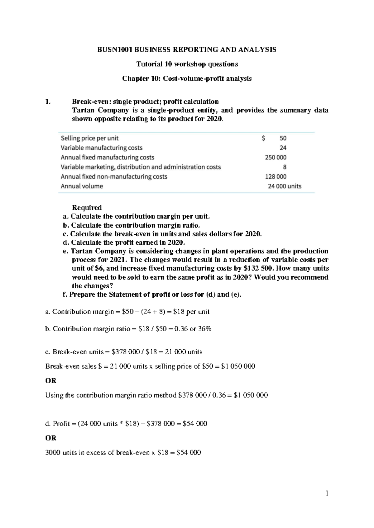 Workshop 10 - BUSN1001 BUSINESS REPORTING AND ANALYSIS Tutorial 10 ...