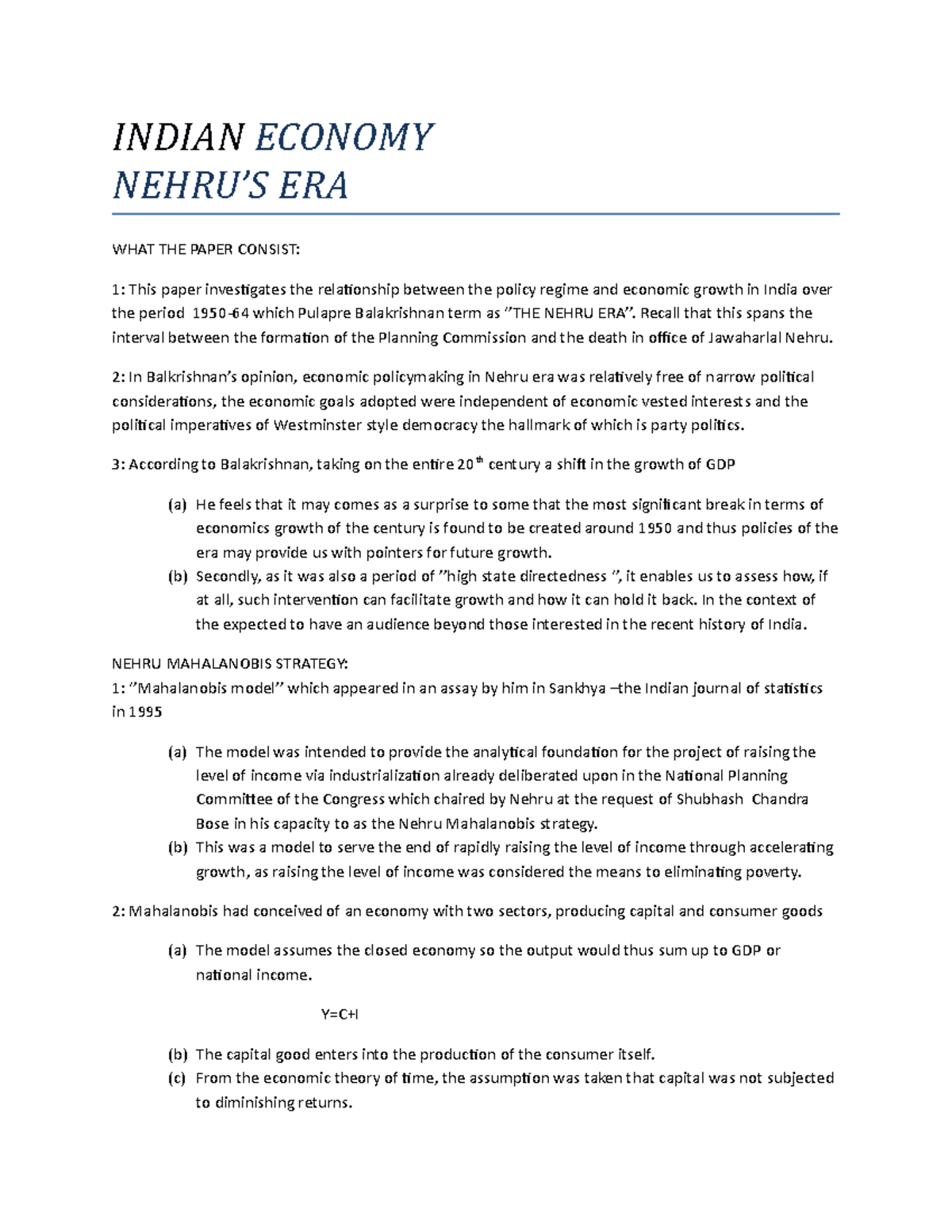 Indian Economy Notes - summary of the nehru era chapter - INDIAN ...