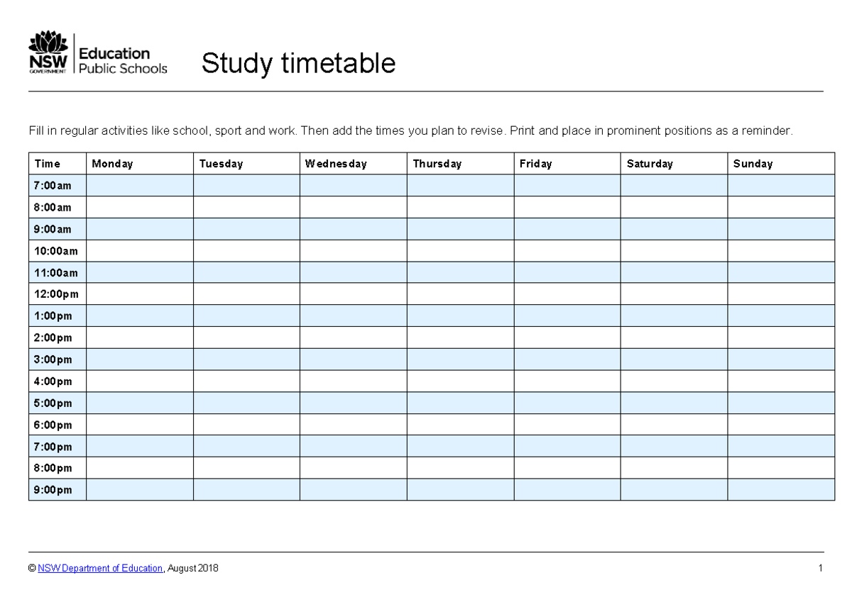 Study-timetable - Study timetable - Study timetable Fill in regular ...