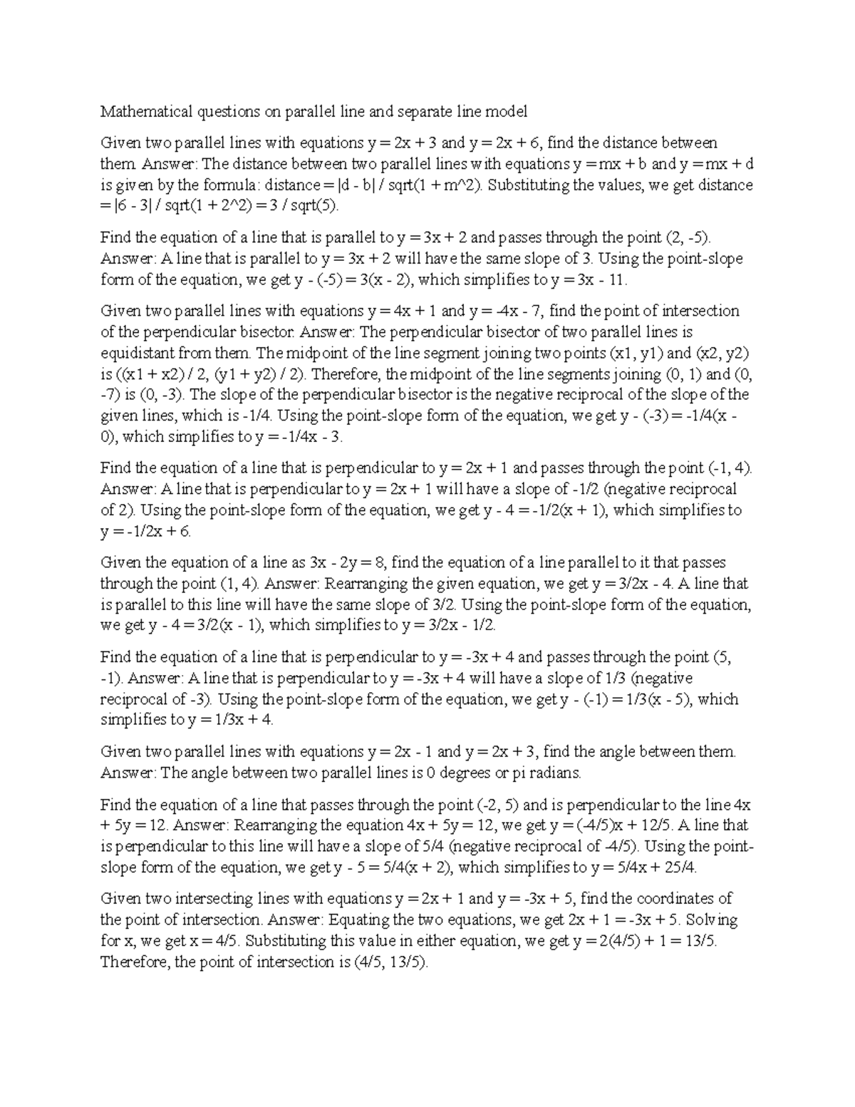 24 Mathematical questions on parallel line and separate line model ...