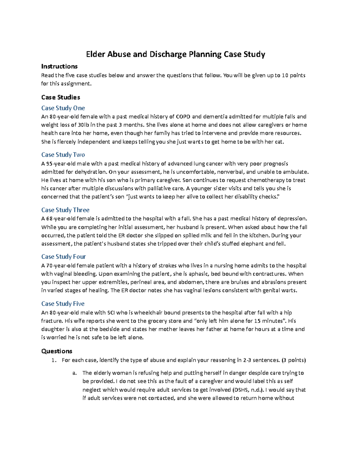 NUR419 Elder Abuse C.S. - Elder Abuse and Discharge Planning Case Study ...