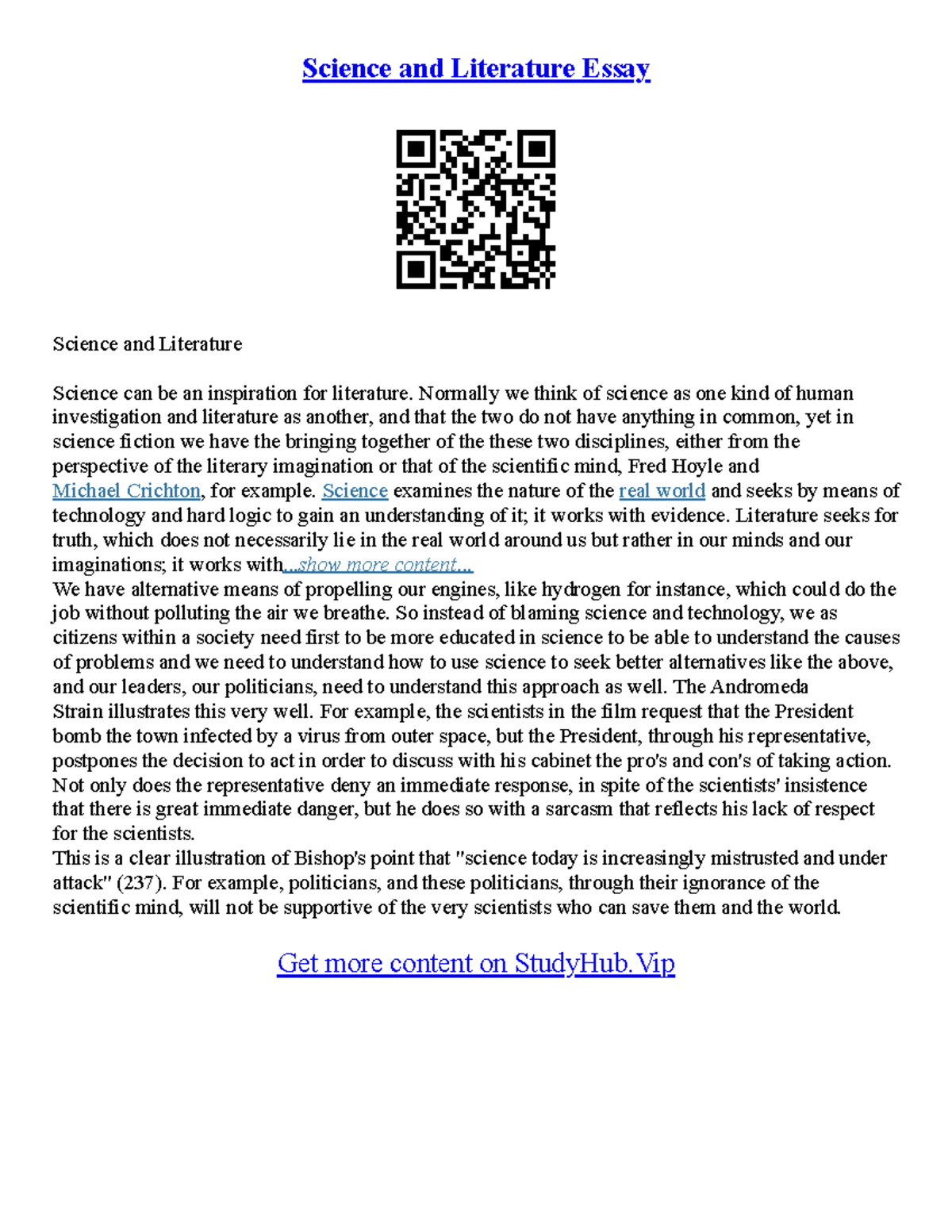 Literature Essay Topics - Science and Literature Essay Science and ...