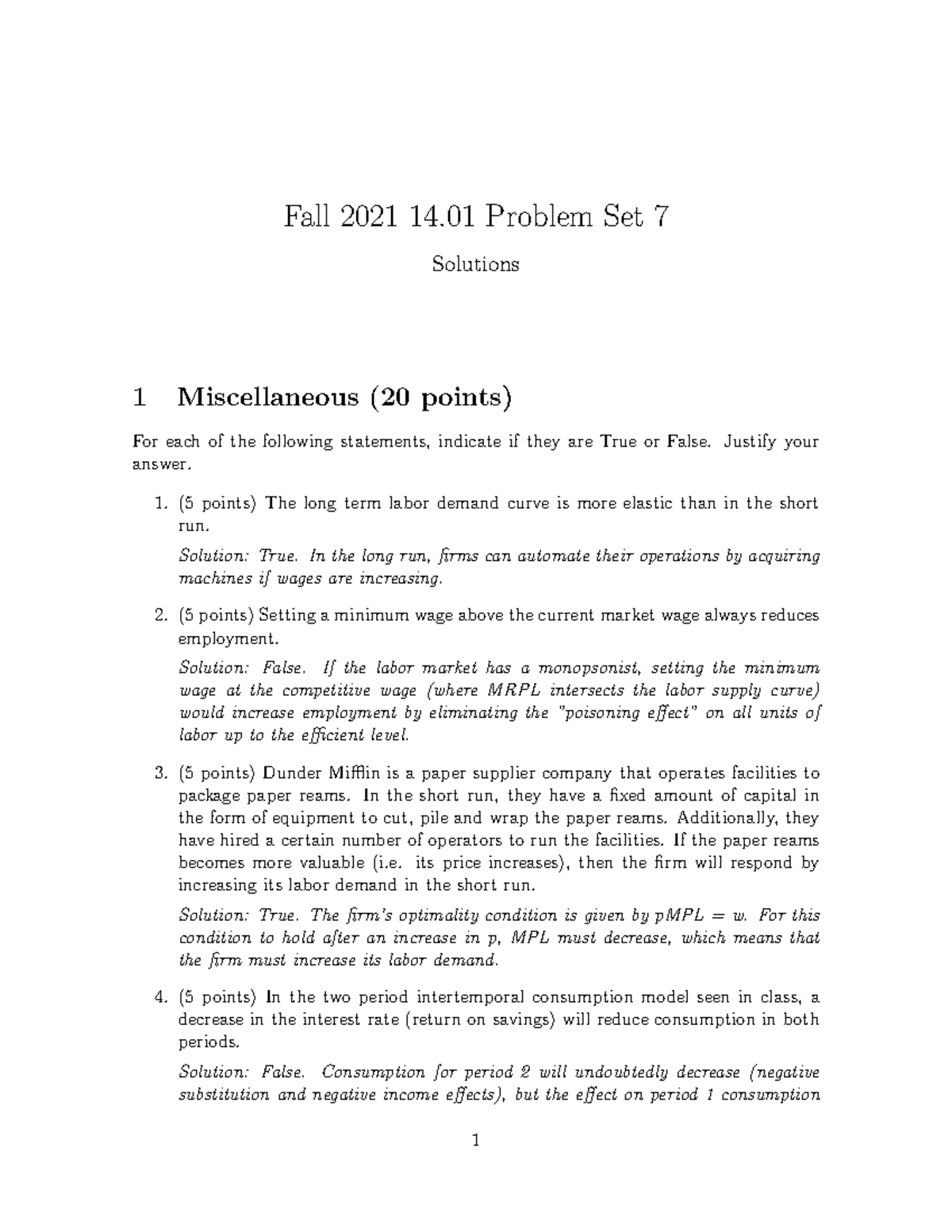 PSet7 Sol - Fall 2021 14 Problem Set 7 Solutions 1 Miscellaneous (20 points) For each of the ...