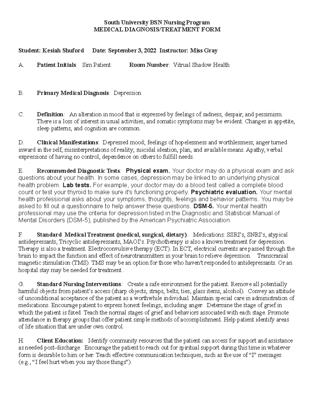 Medical Diagnosis. Treatment FORM (1) 922022 - South University BSN Nursing Program MEDICAL ...