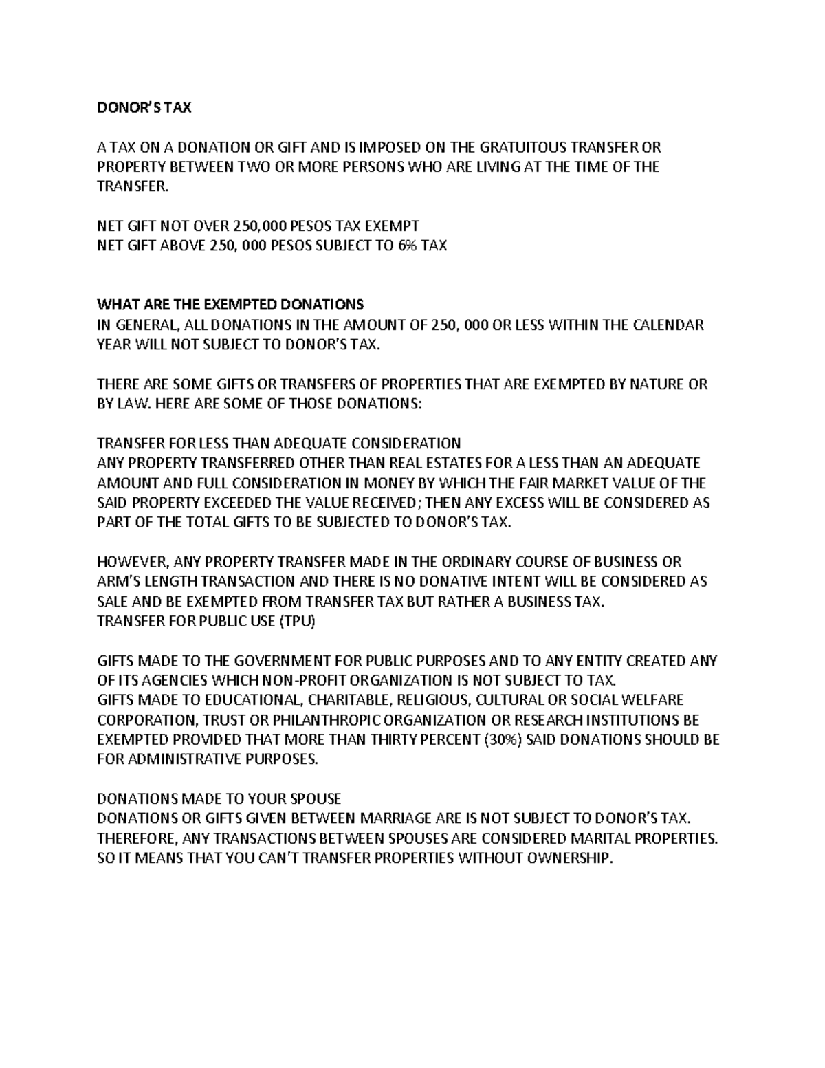 TAX 1 1ST Recits - Recitation Notes - DONOR’S TAX A TAX ON A DONATION ...