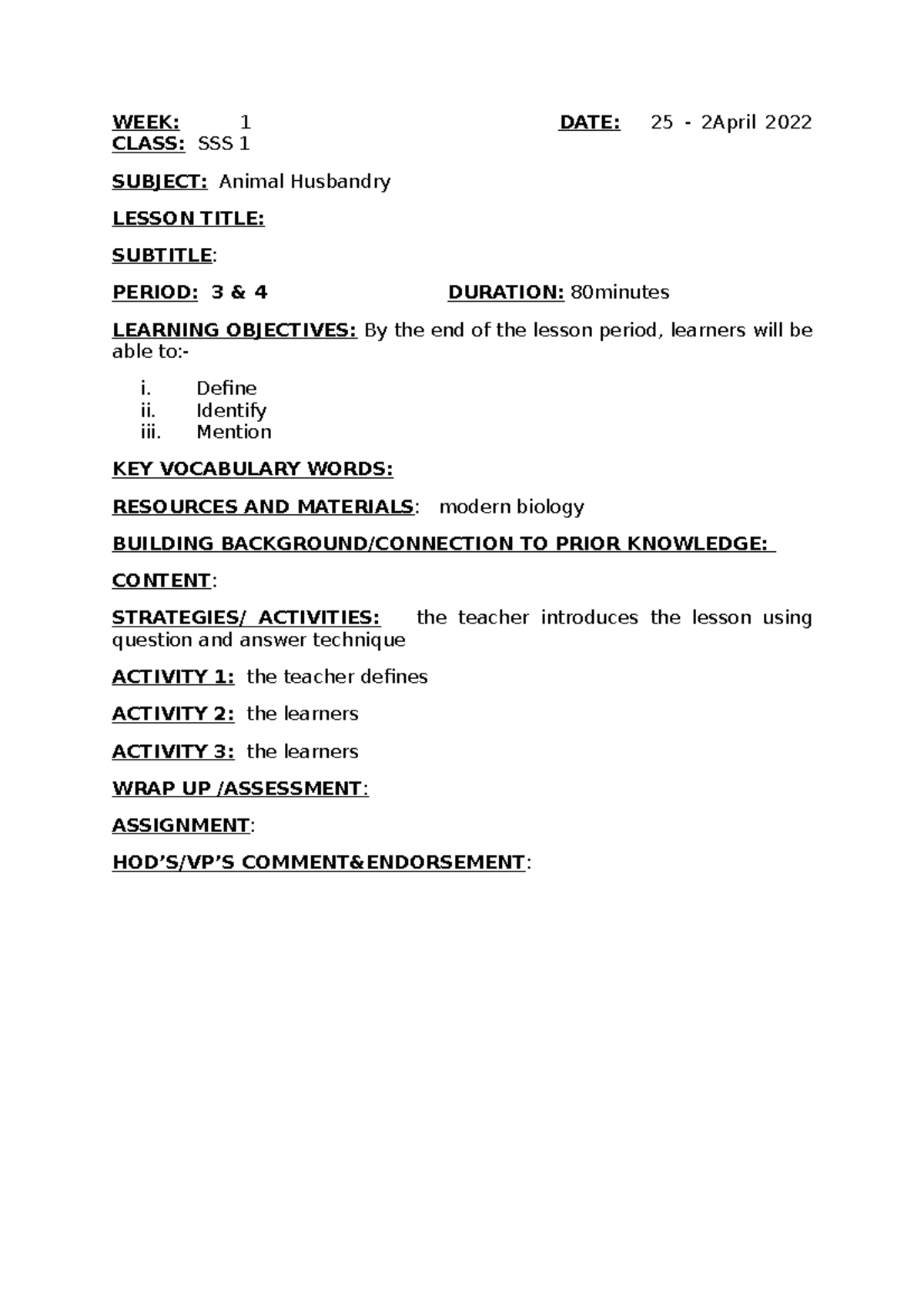 SSS 1 3RD term lesson plan. Animal Husbandry - WEEK: 1 DATE: 25 ...