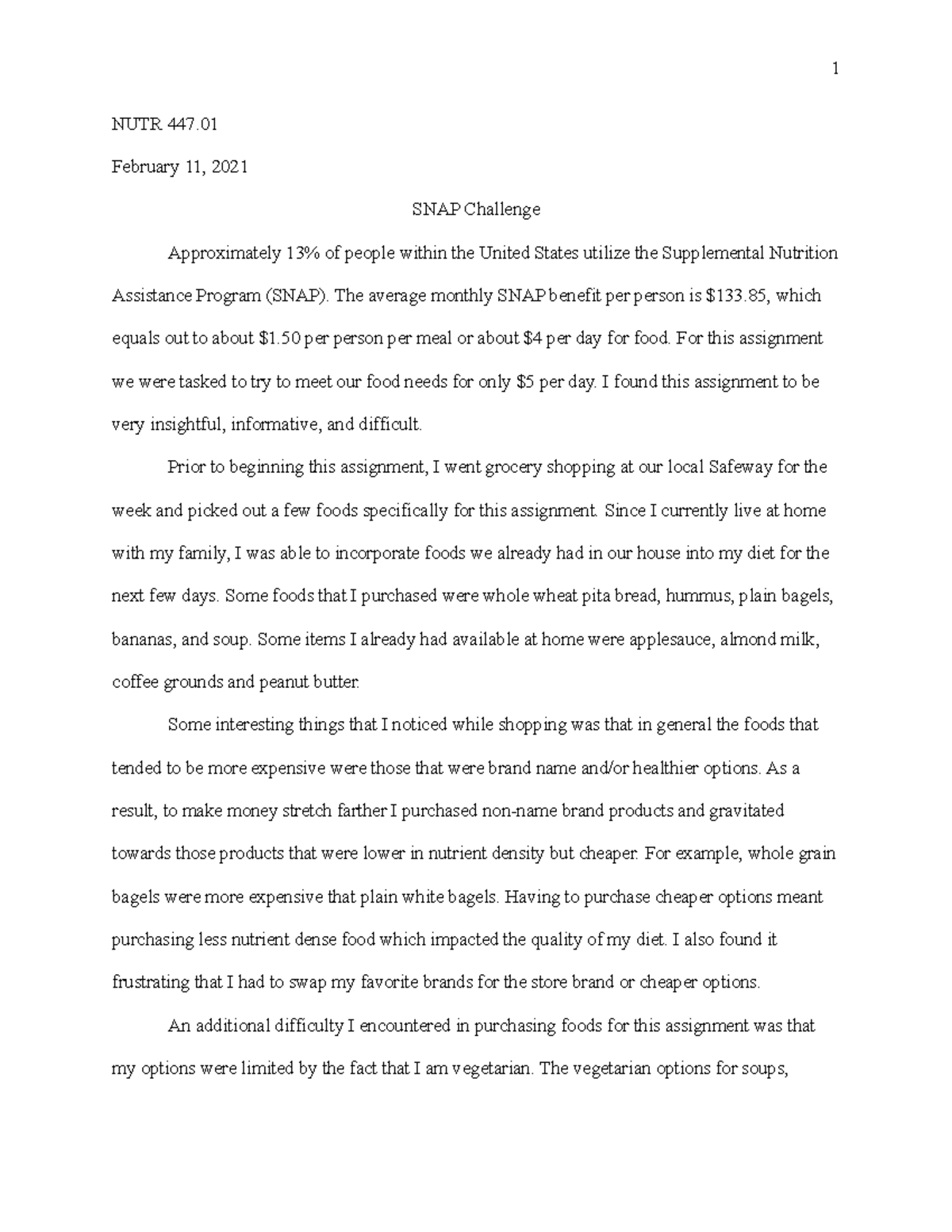 SNAP Challenge assignment - NUTR 447. February 11, 2021 SNAP Challenge ...